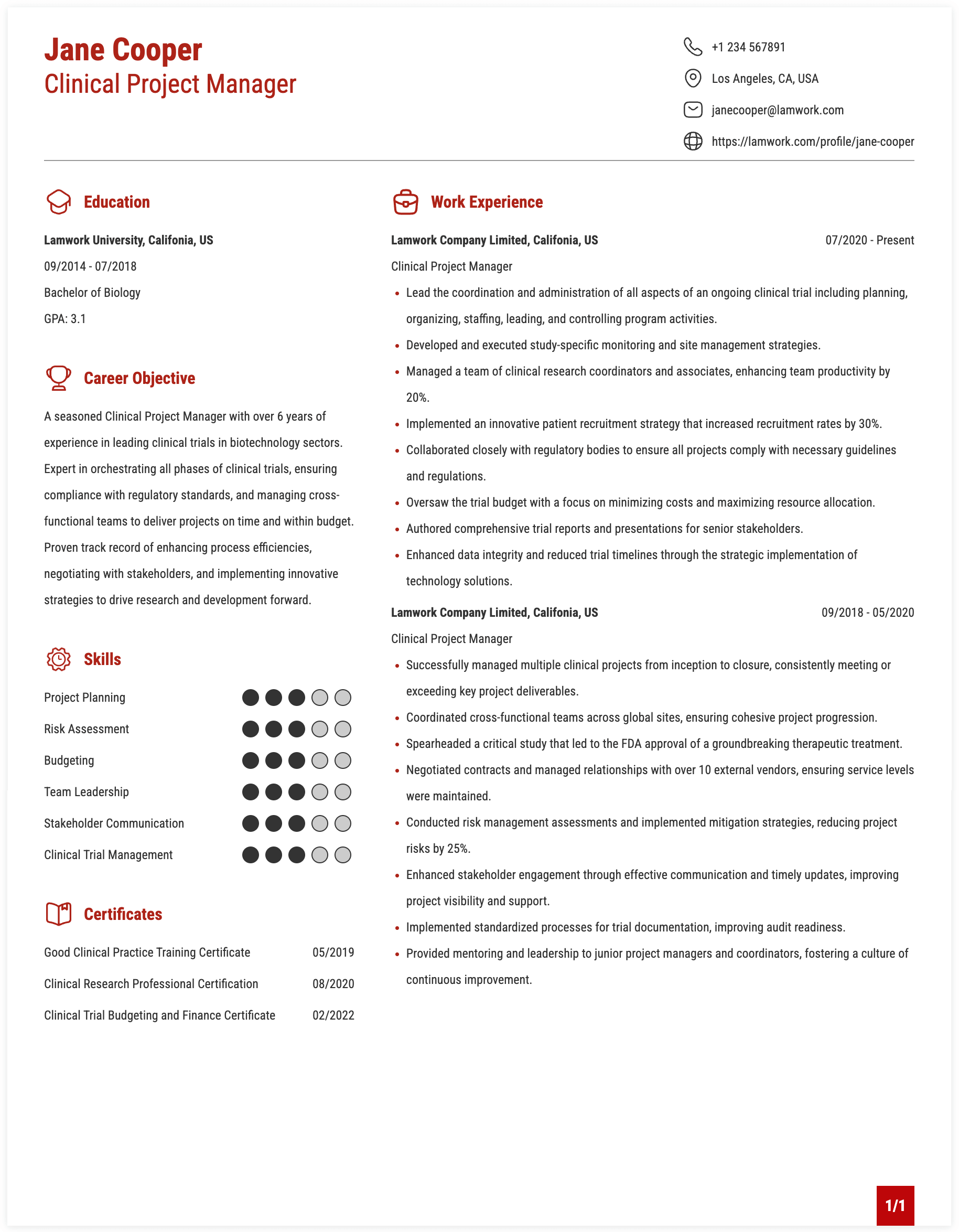 Clinical Project Manager Resume Example