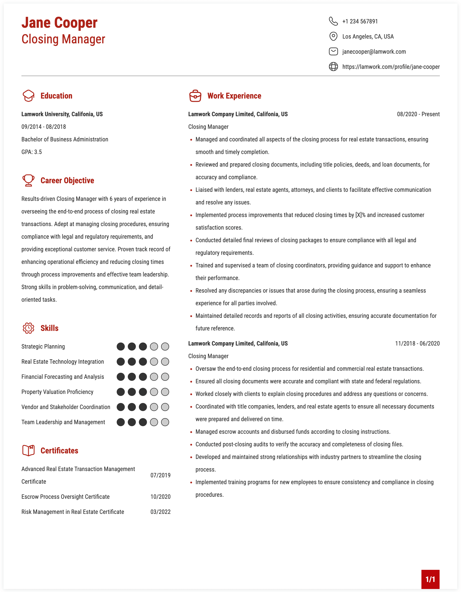 Closing Manager Resume Example