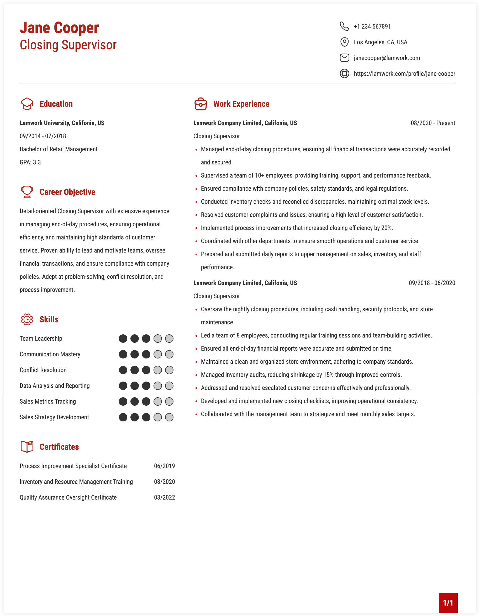 Closing Supervisor Resume Example