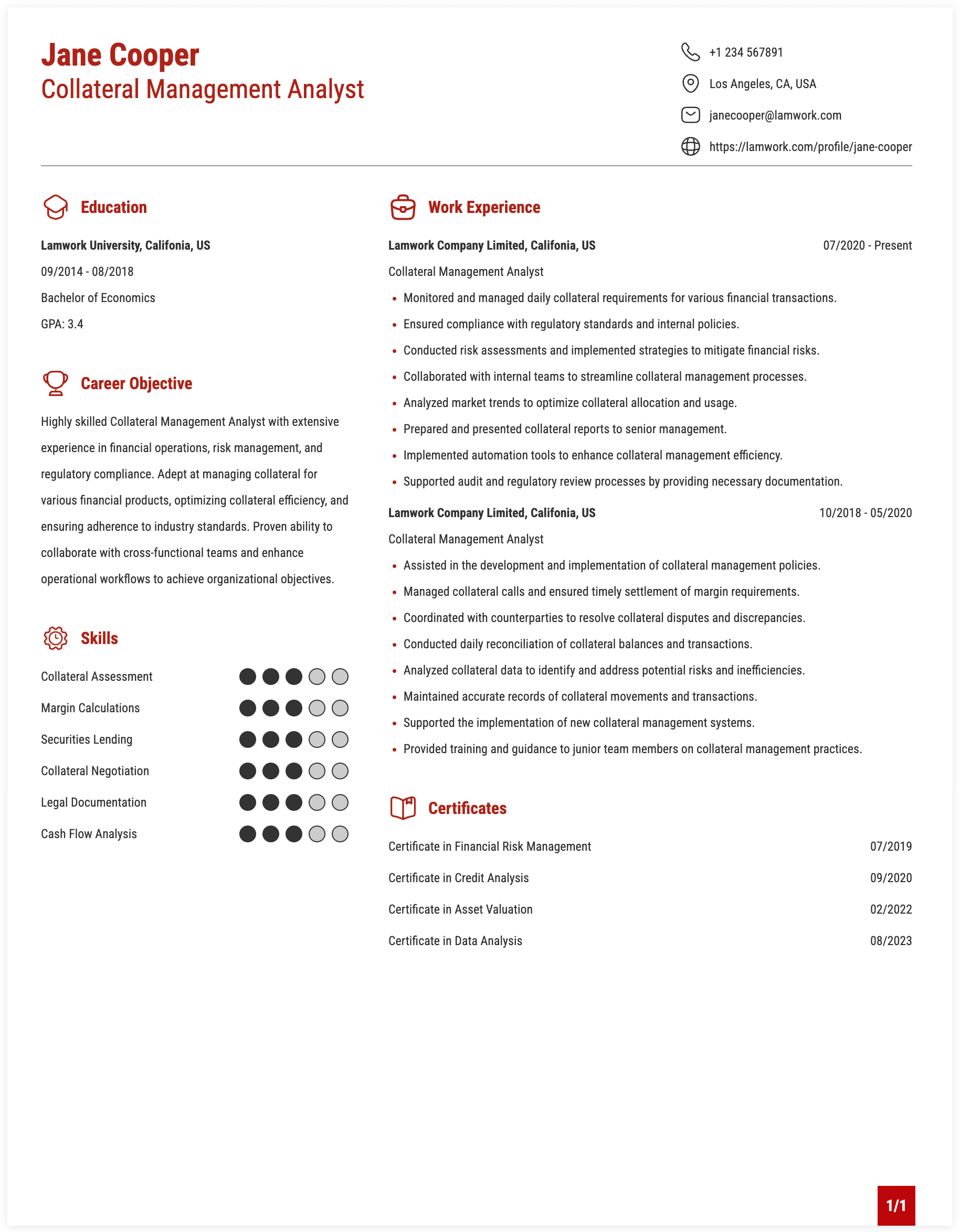 Collateral Management Analyst Resume Example