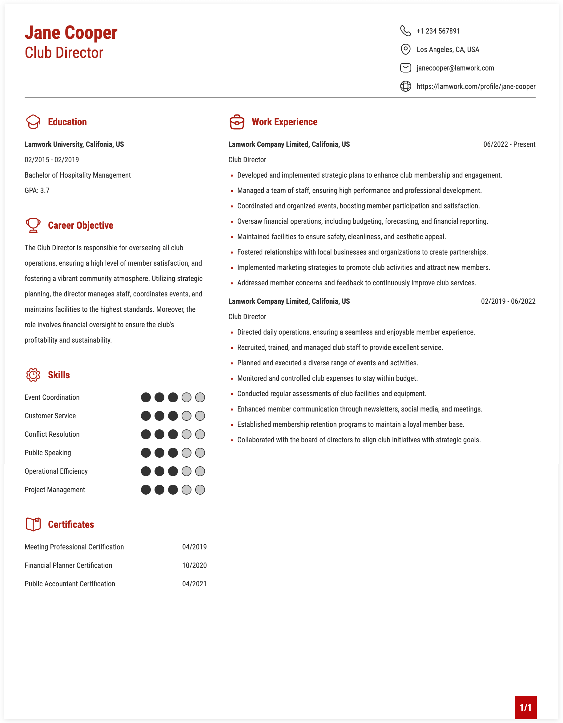 Club Director Resume Example