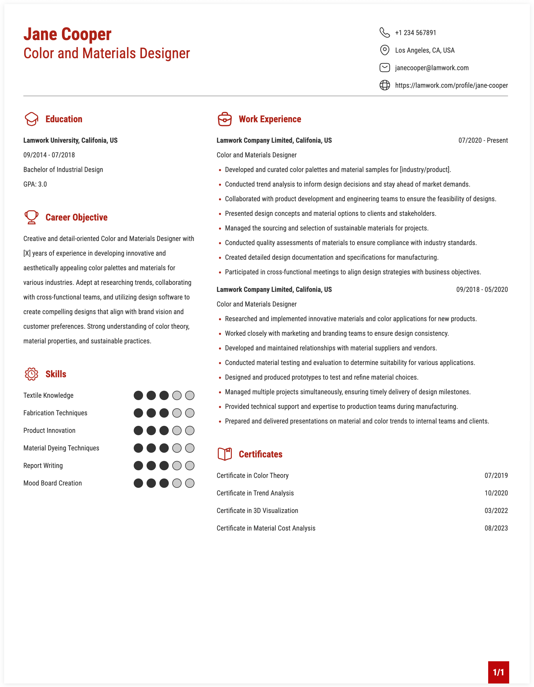 Color and Materials Designer Resume Example
