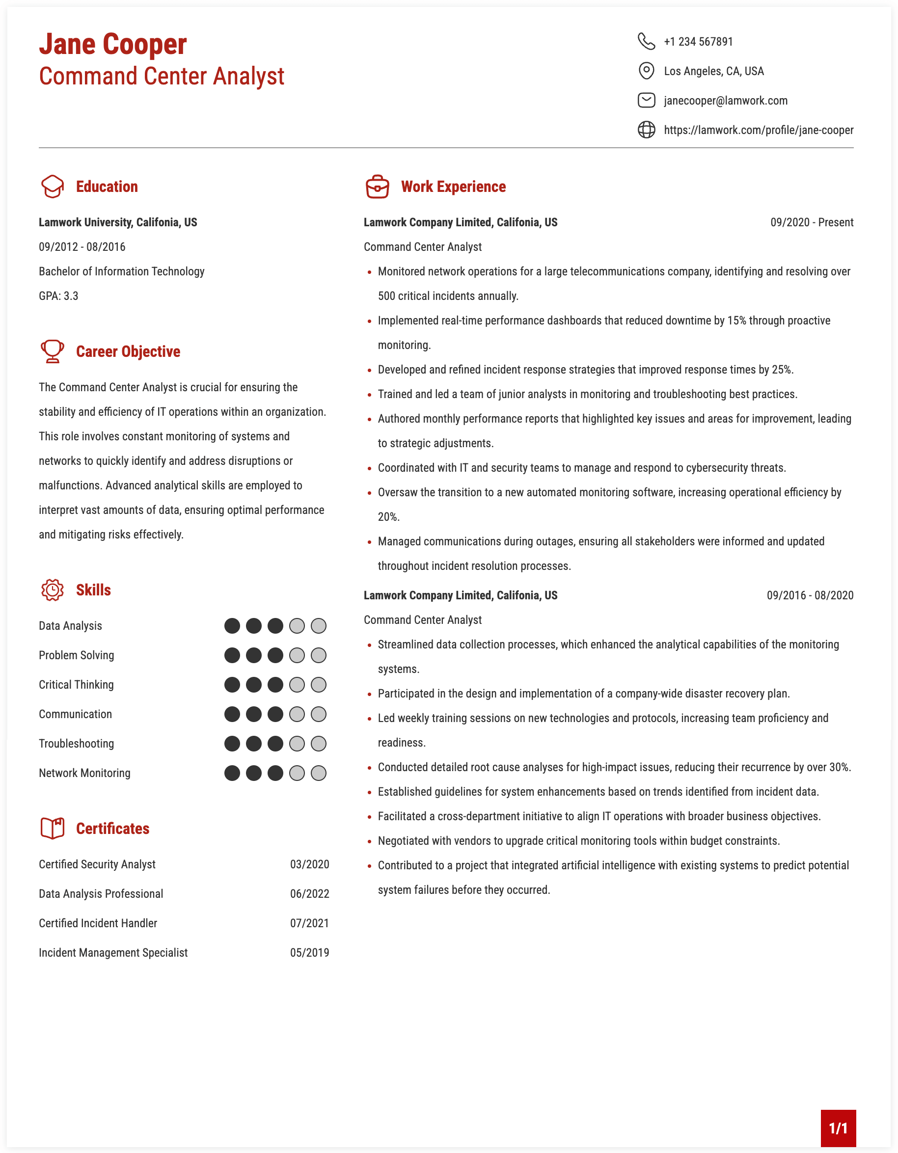 Command Center Analyst Resume Example