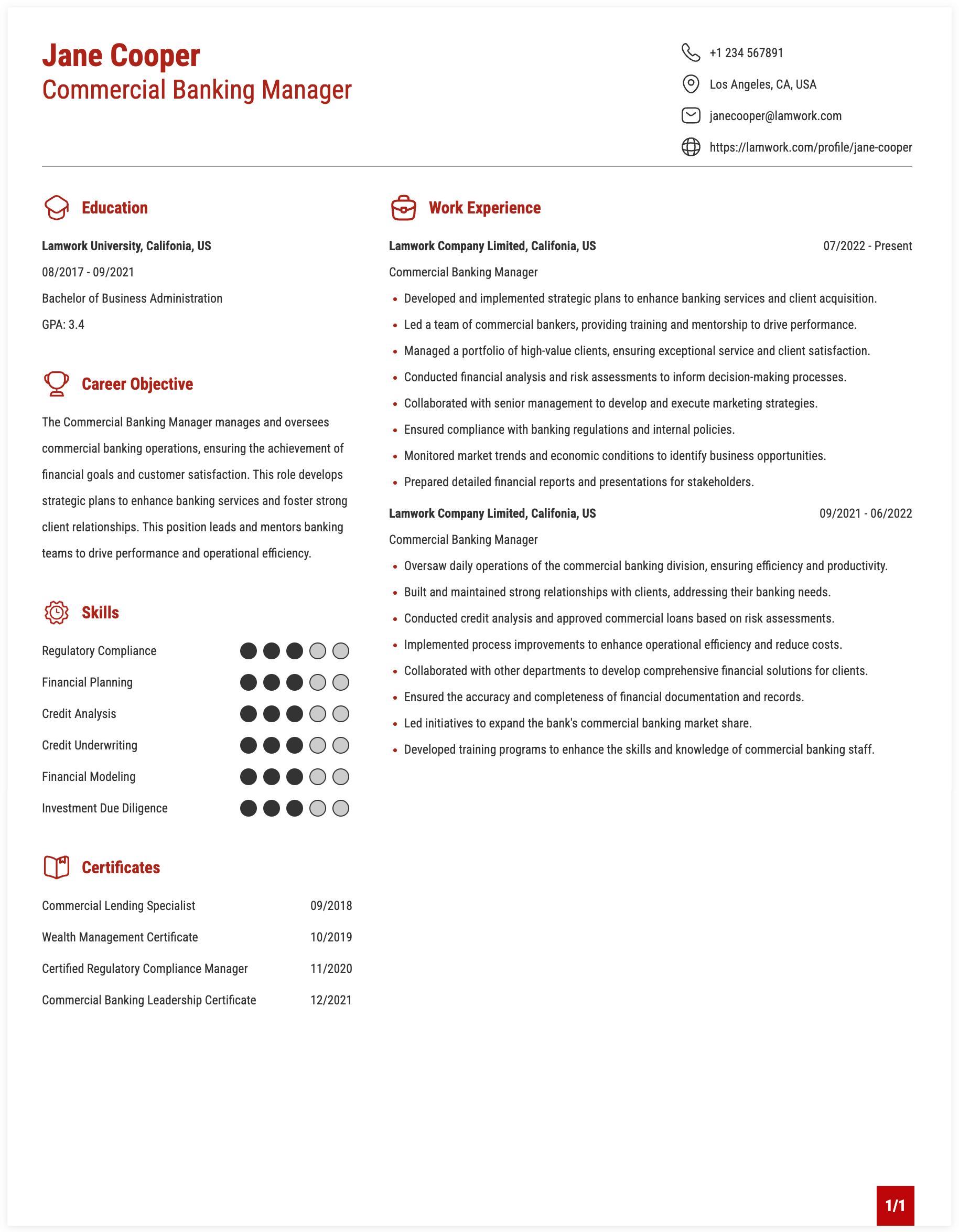 Commercial Banking Manager Resume Example