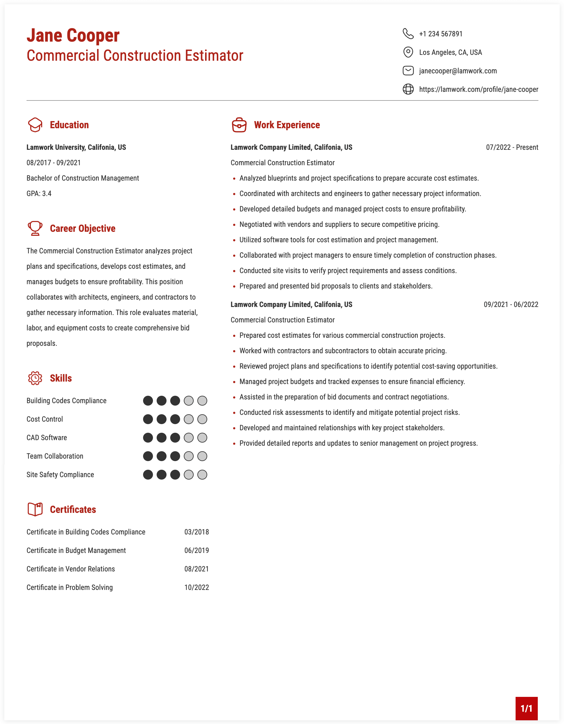 Commercial Construction Estimator Resume Example
