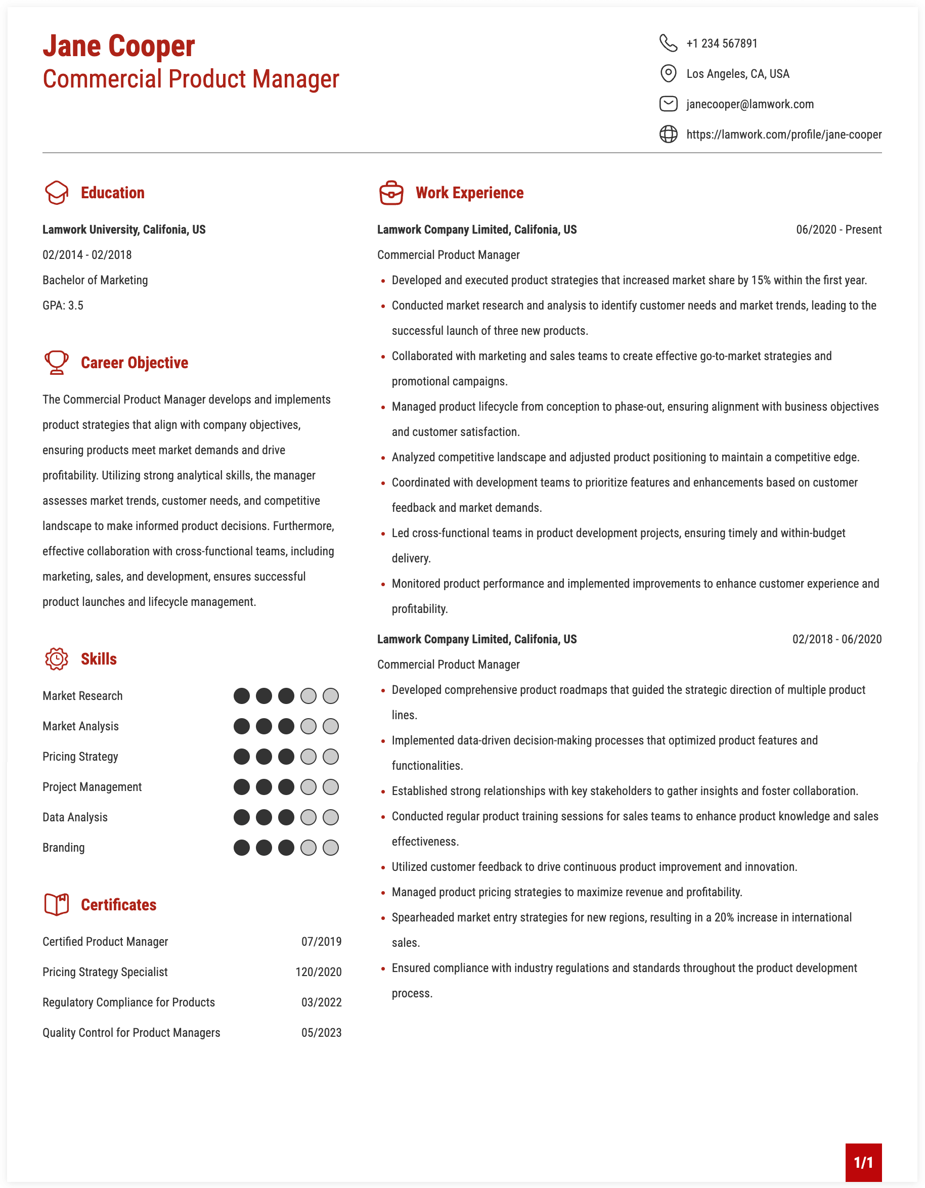 Commercial Product Manager Resume Example