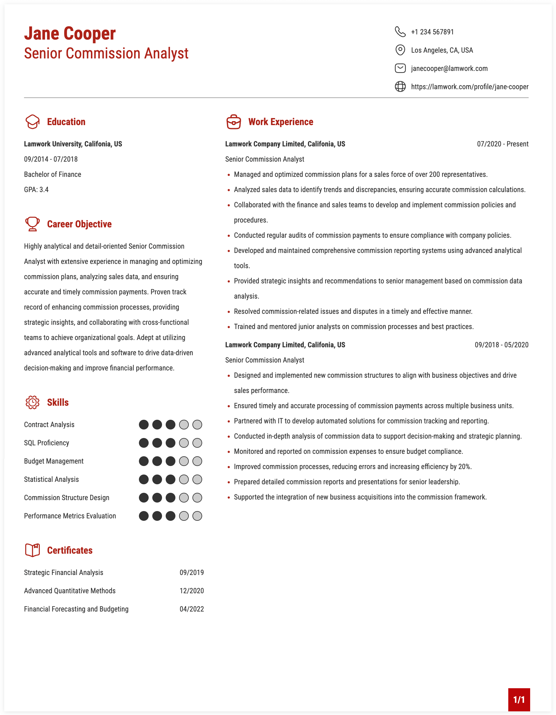 Senior Commission Analyst Resume Example