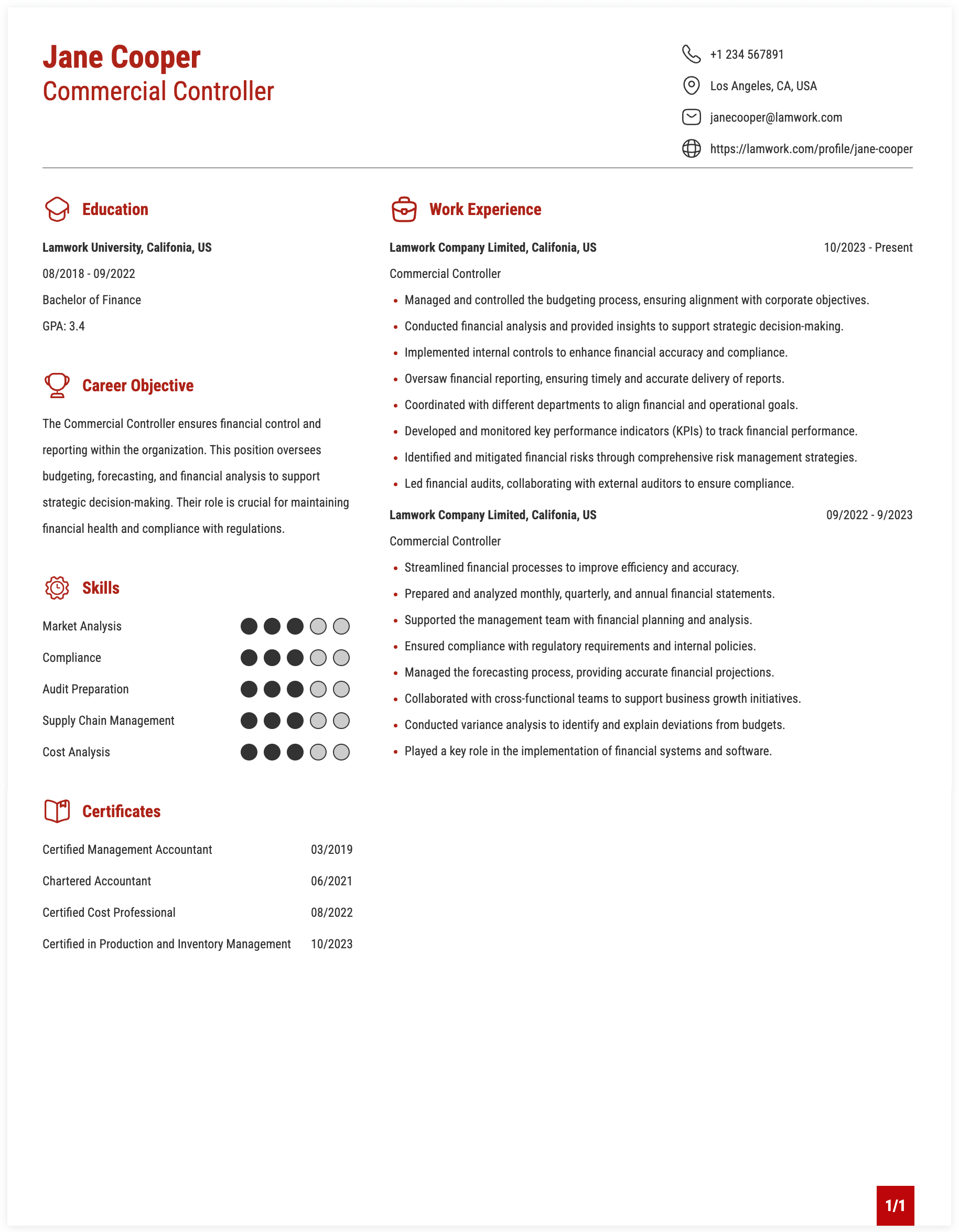 Commercial Controller Resume Example