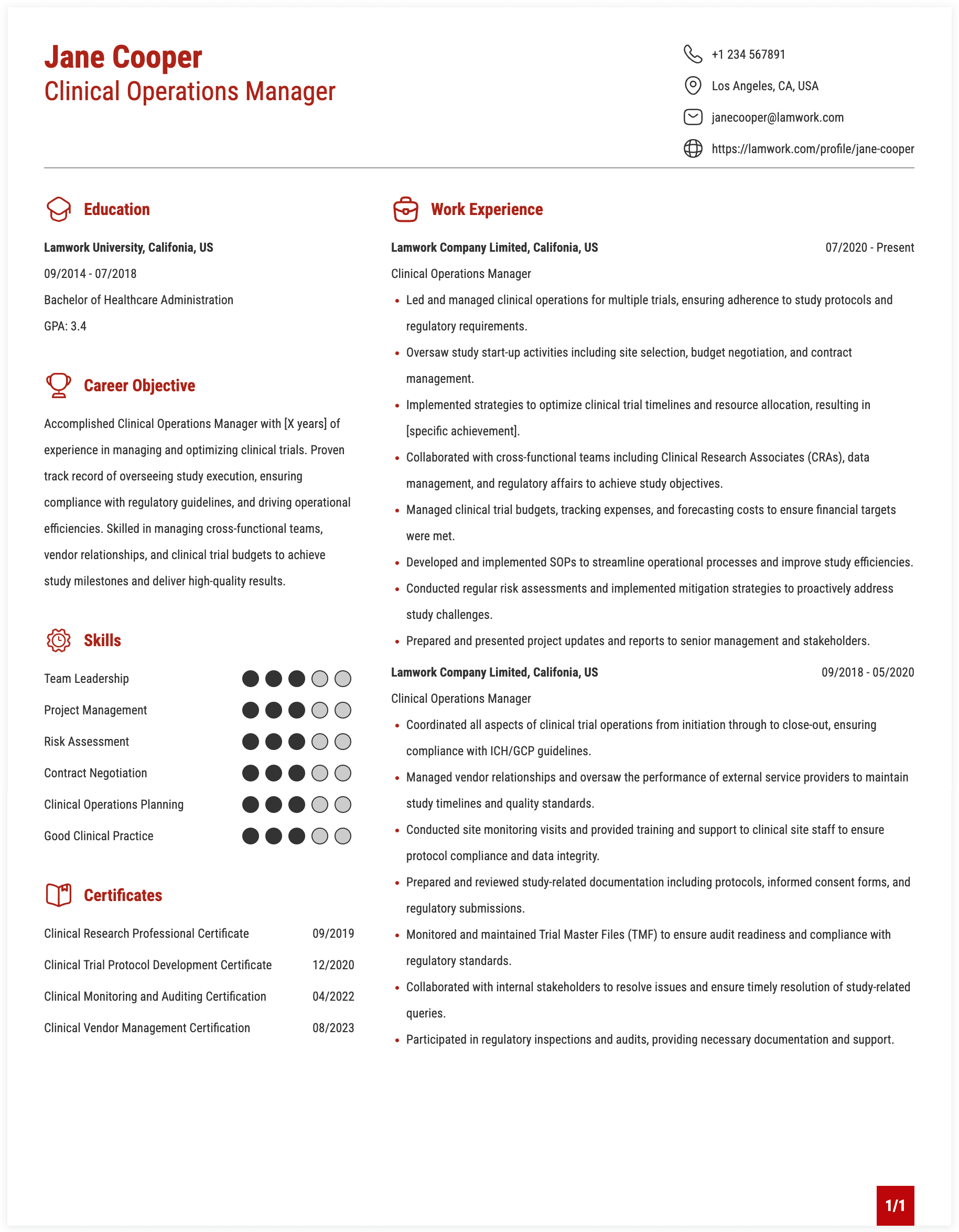 Clinical Operations Manager Resume Example