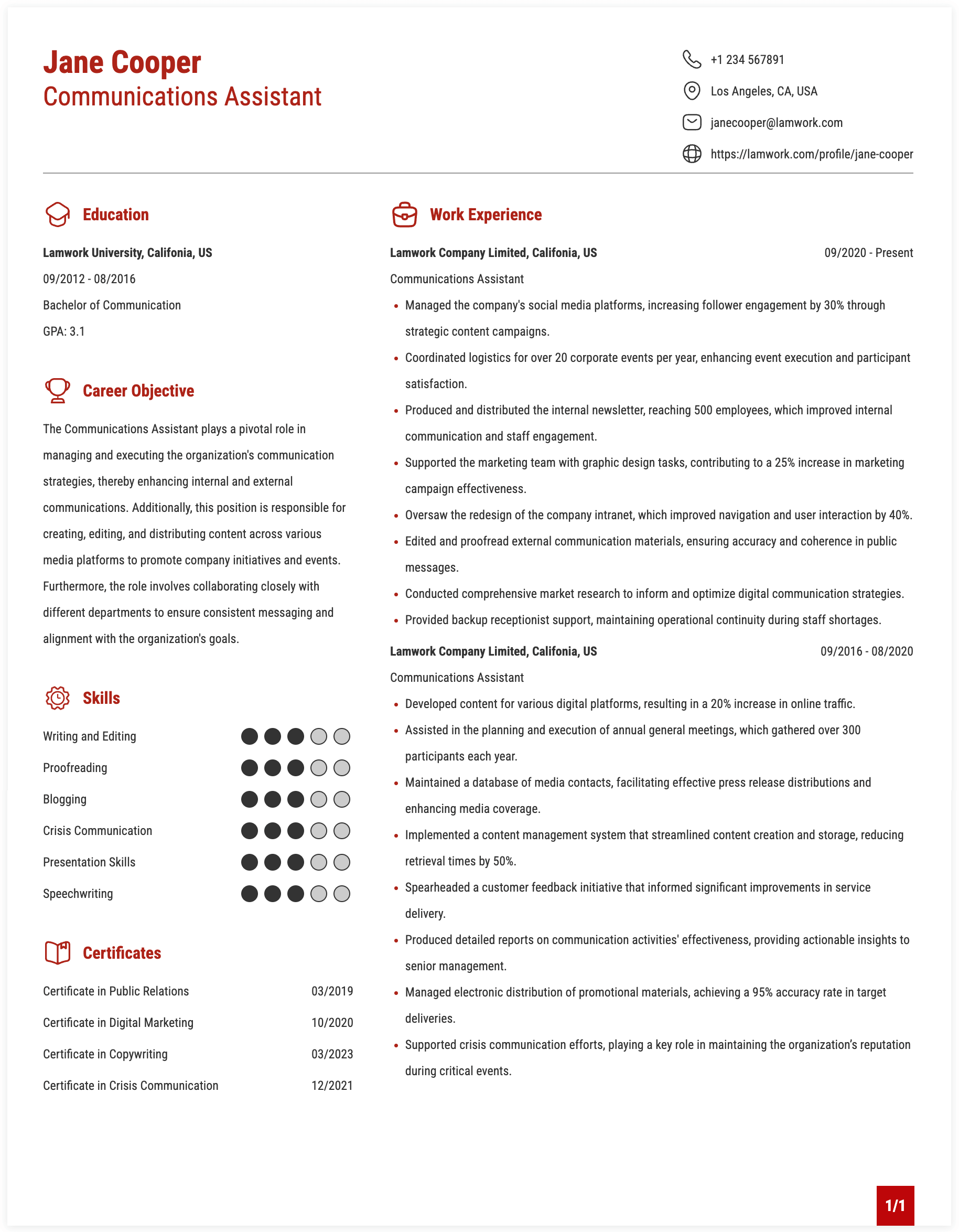 Communications Assistant Resume Example