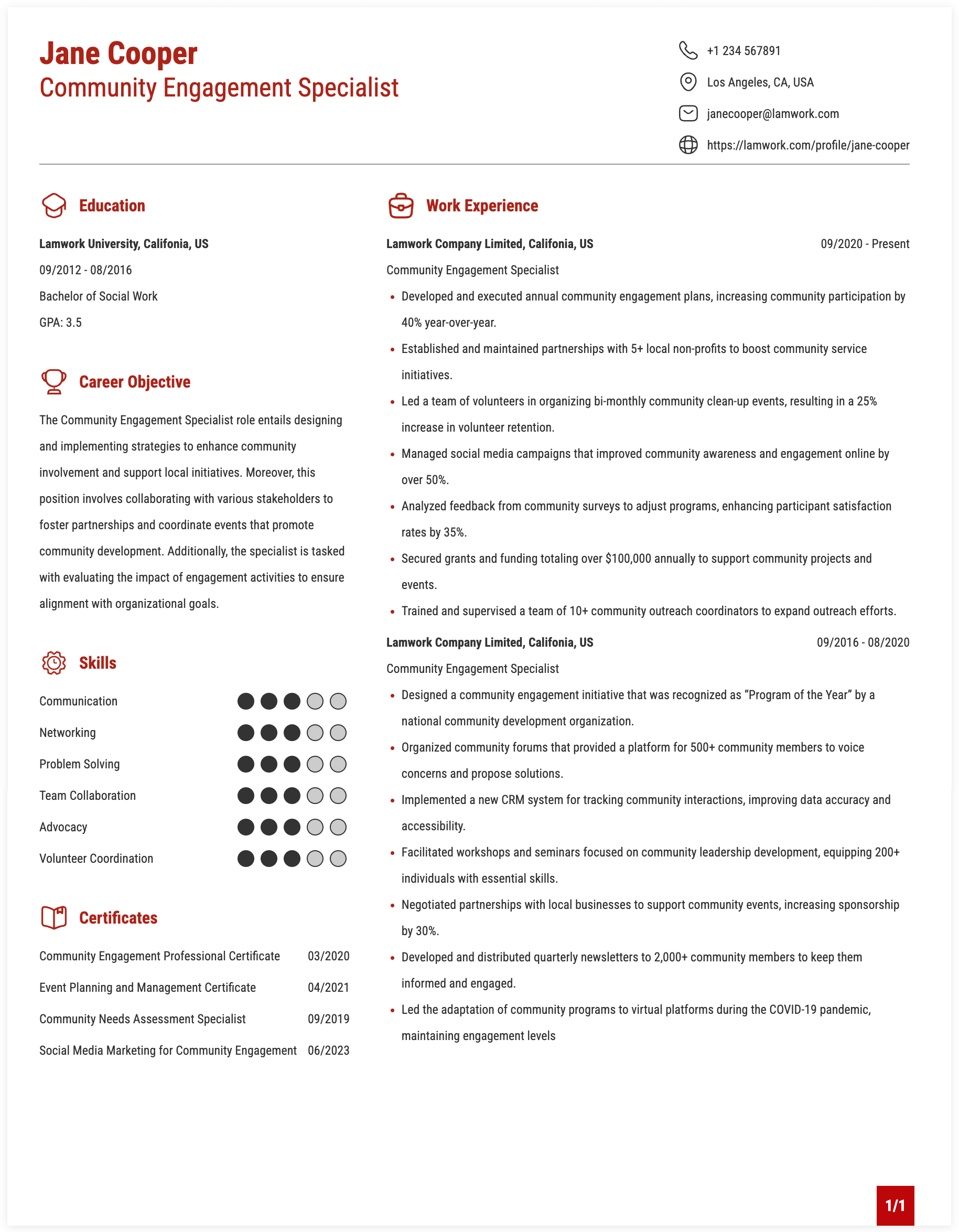 Community Engagement Specialist Resume Example