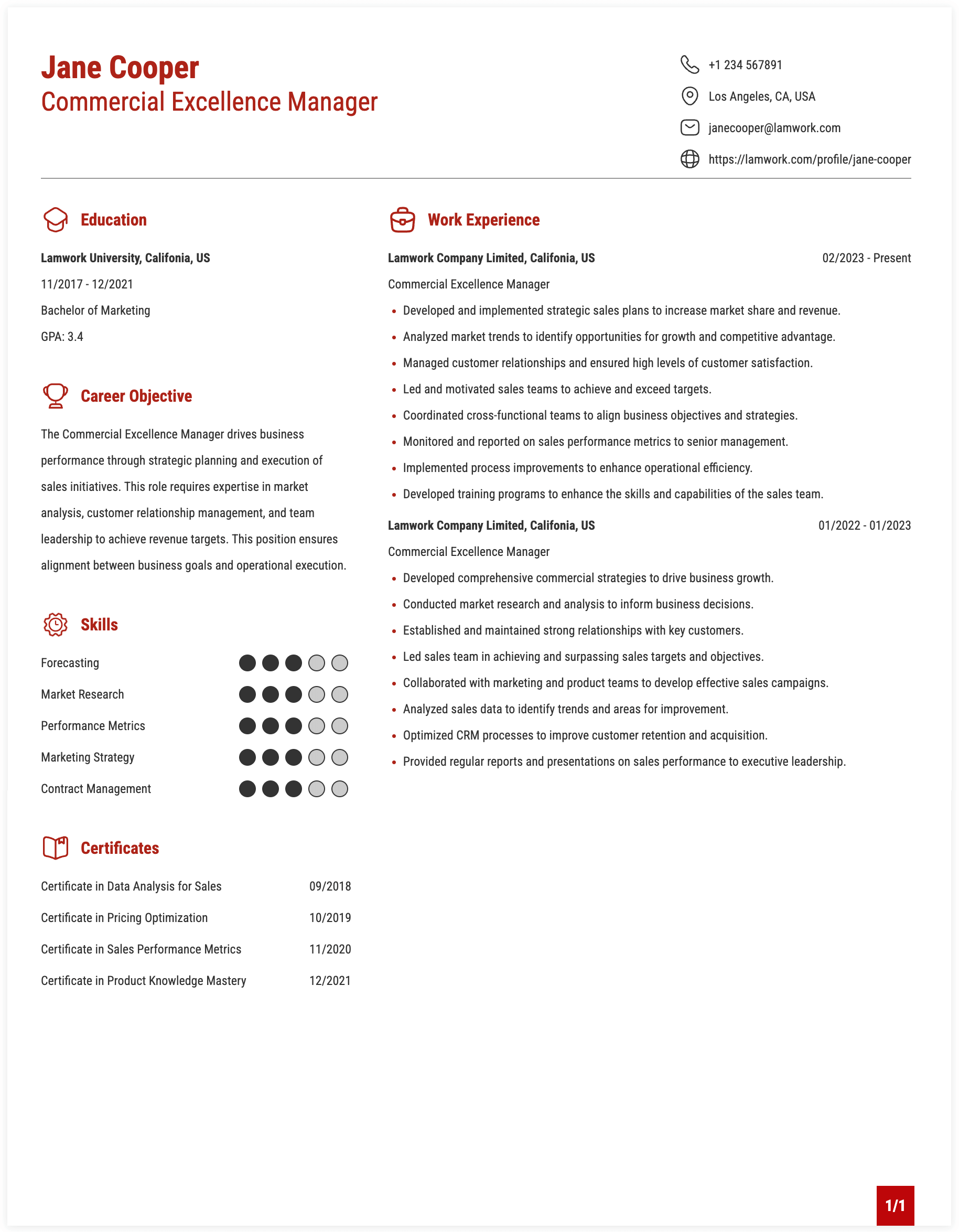 Commercial Excellence Manager Resume Example