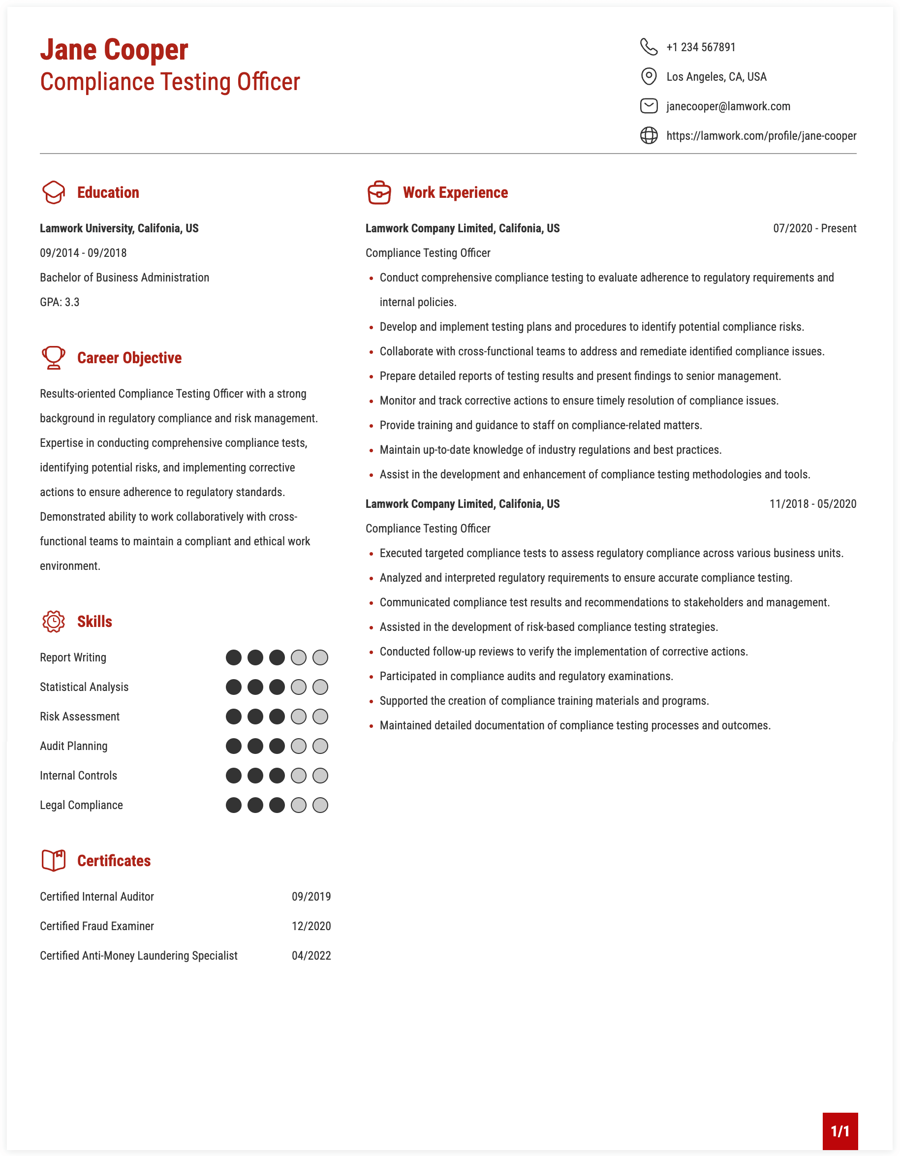 Compliance Testing Officer Resume Example