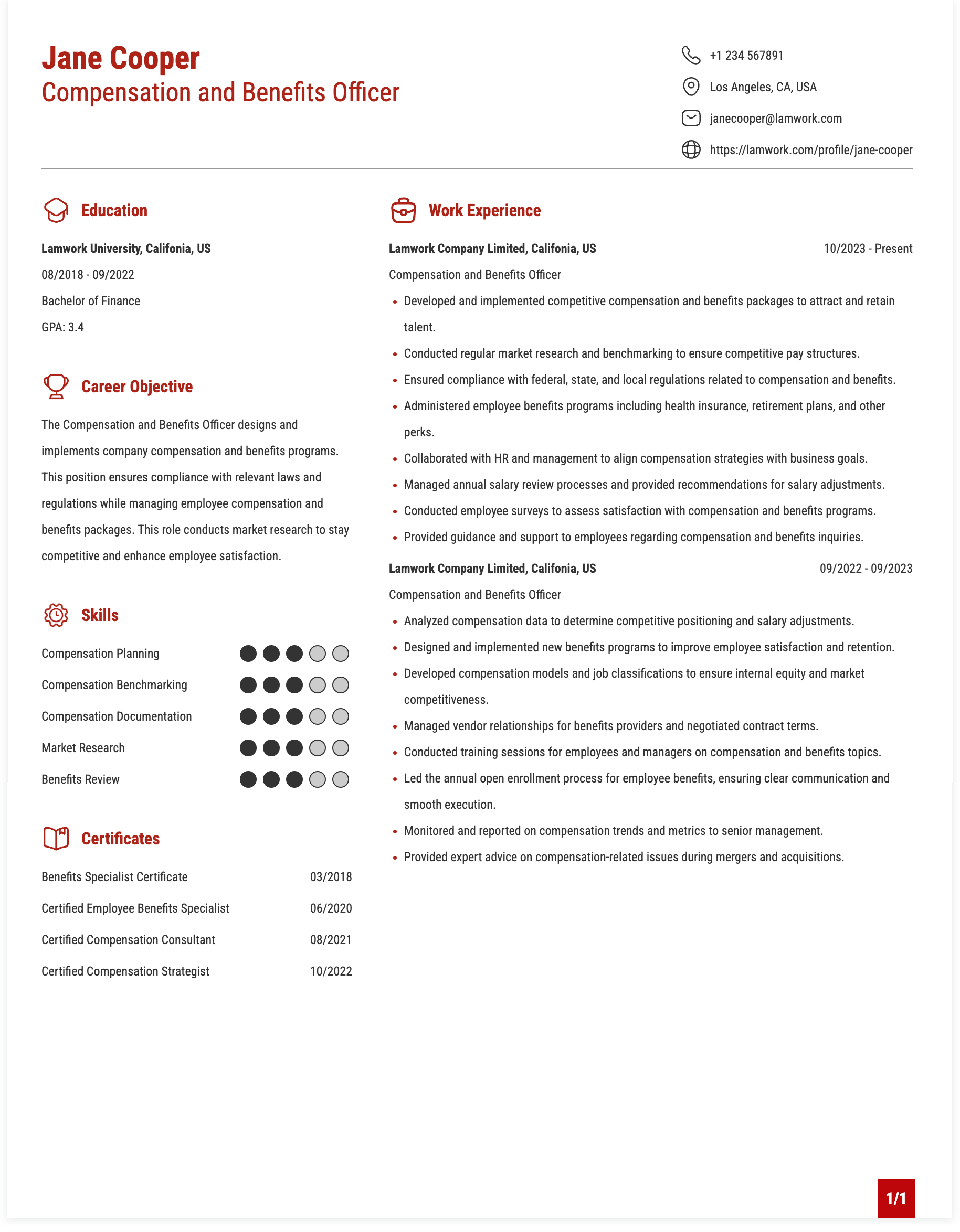 Compensation and Benefits Officer Resume Example