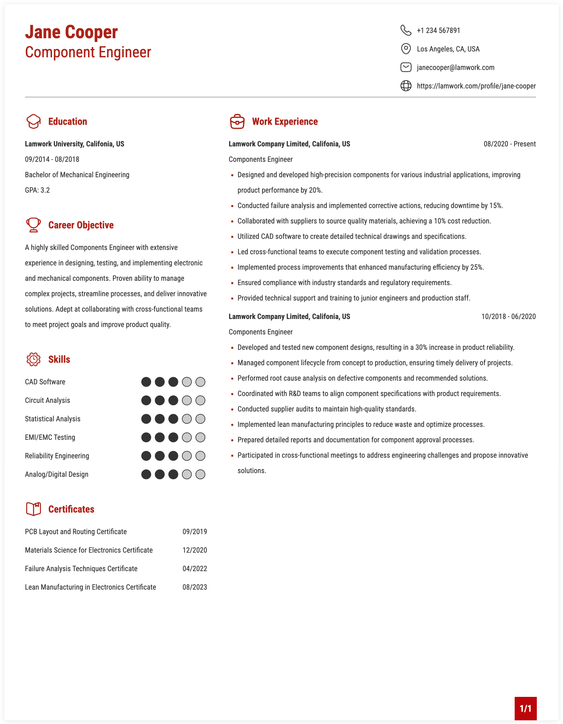 Component Engineer Resume Example