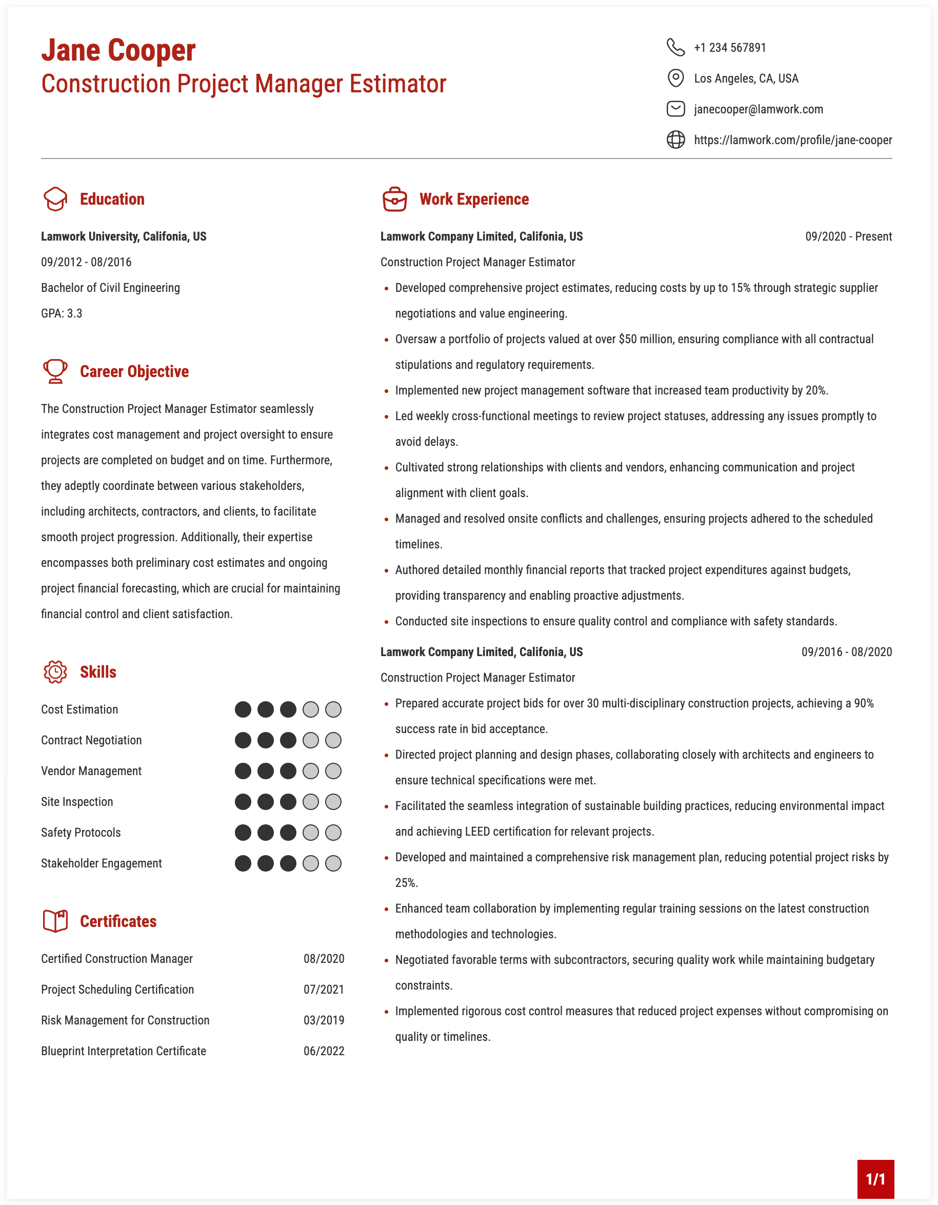 Construction Project Manager Estimator Resume Example