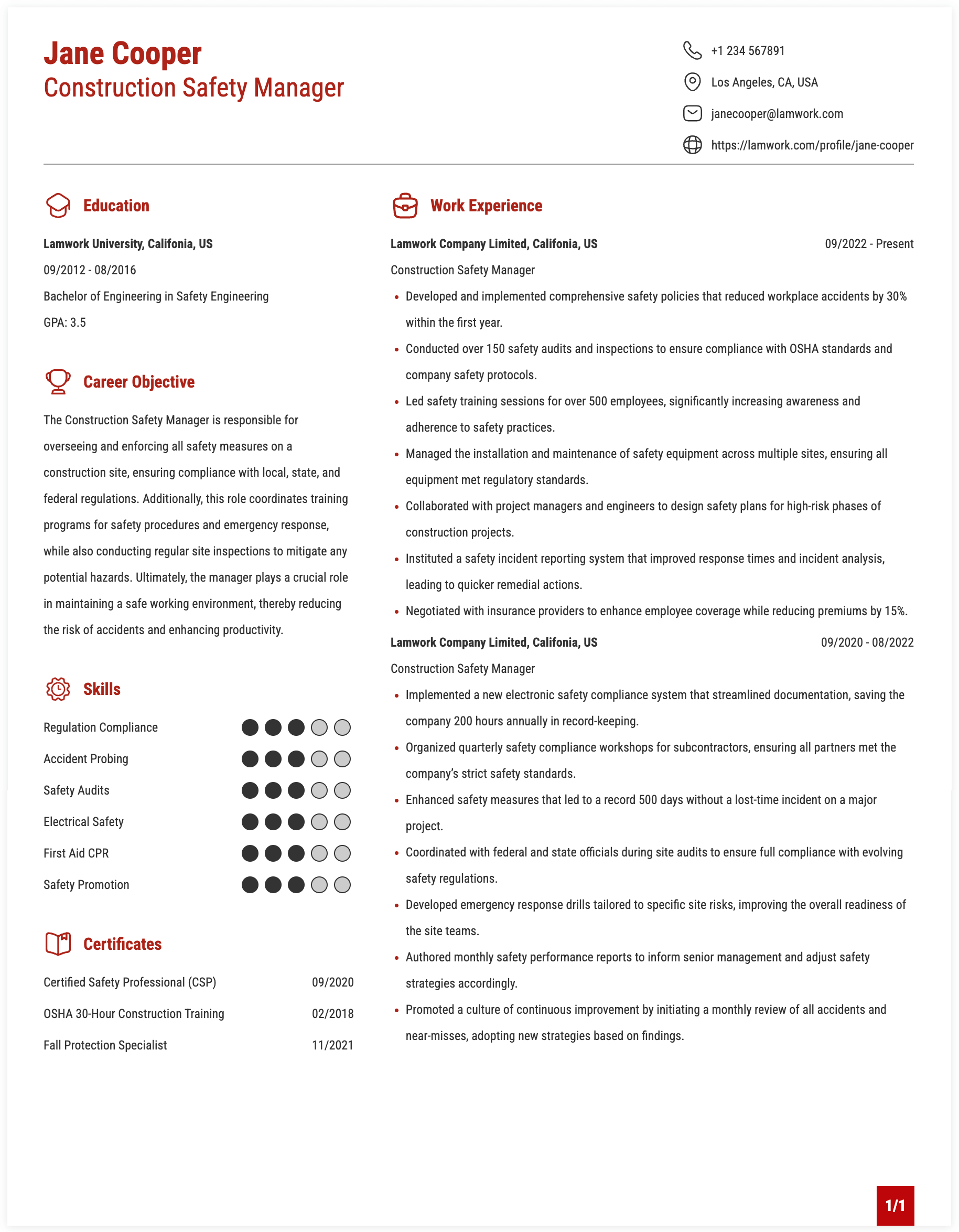 Construction Safety Manager Resume Example