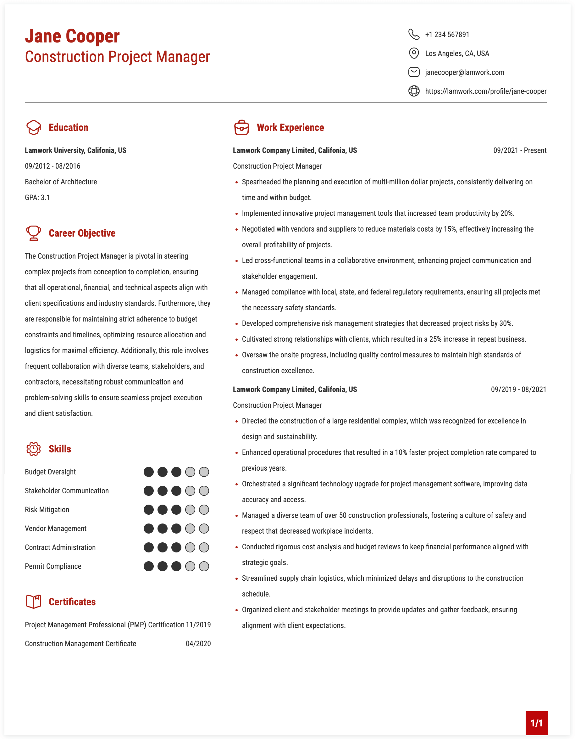 Construction Project Manager Resume Example