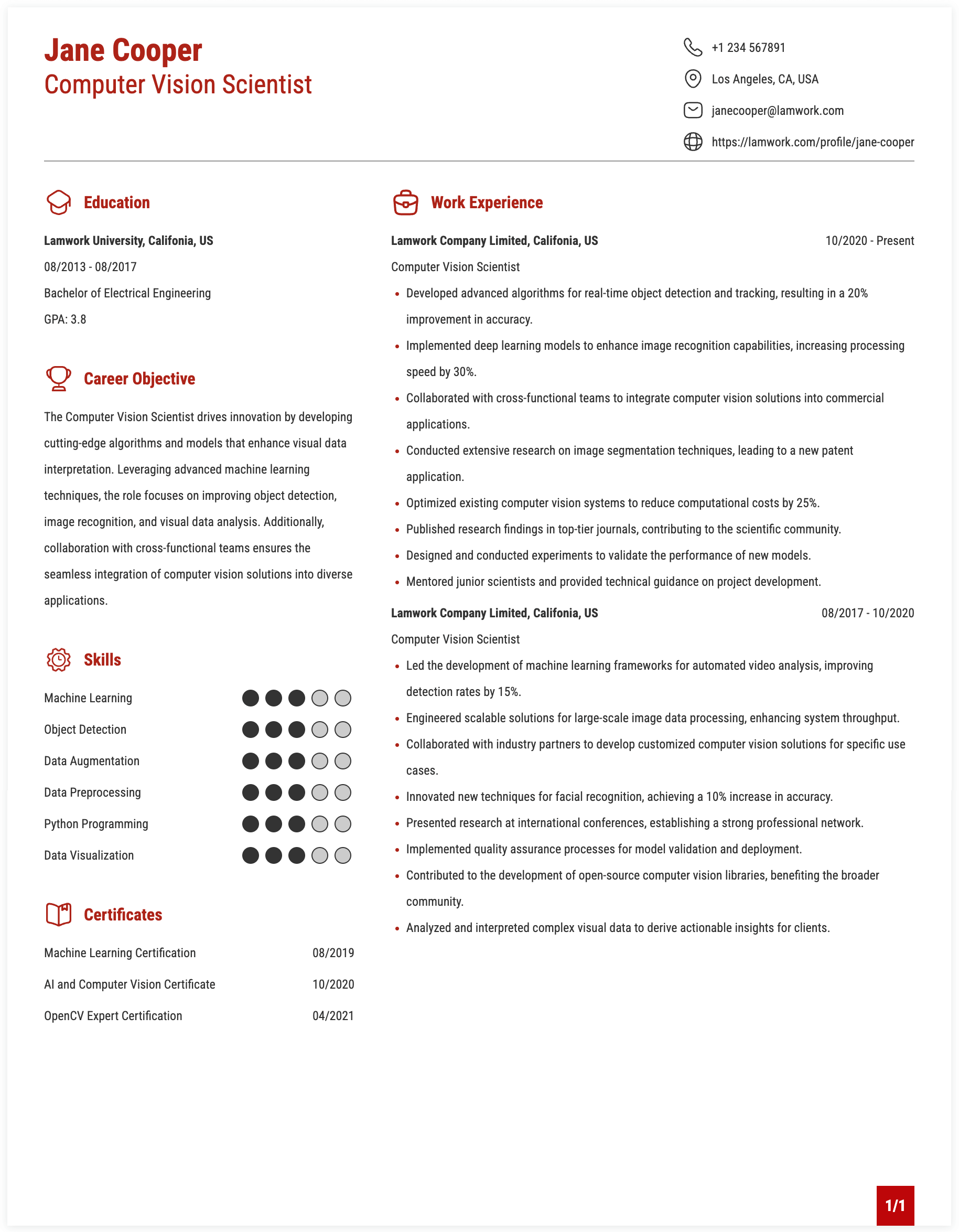 Computer Vision Scientist Resume Example