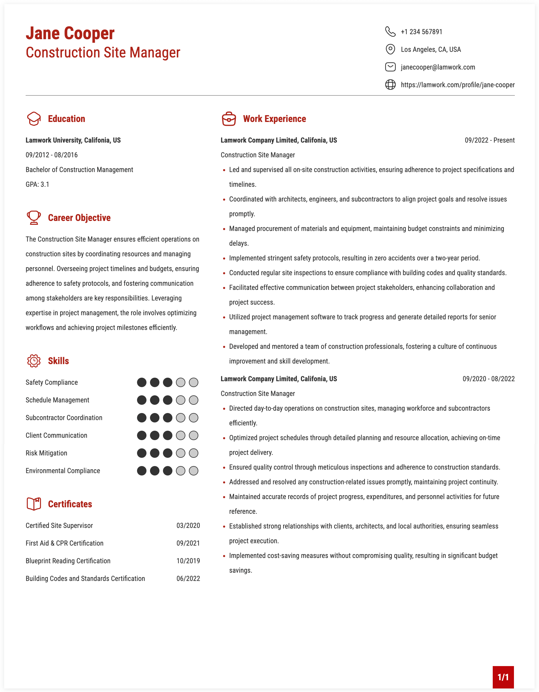 Construction Site Manager Resume Example