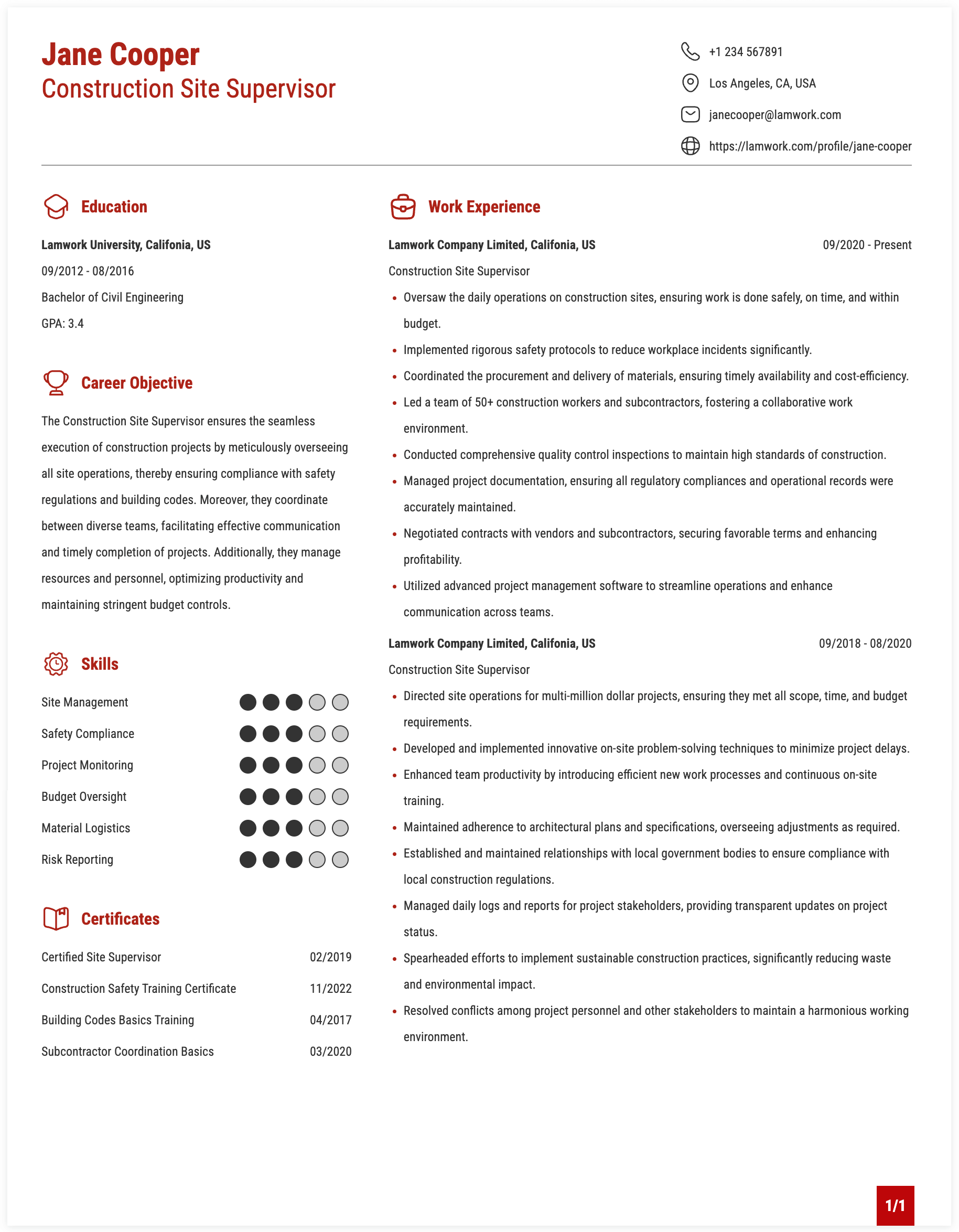 Construction Site Supervisor Resume Example