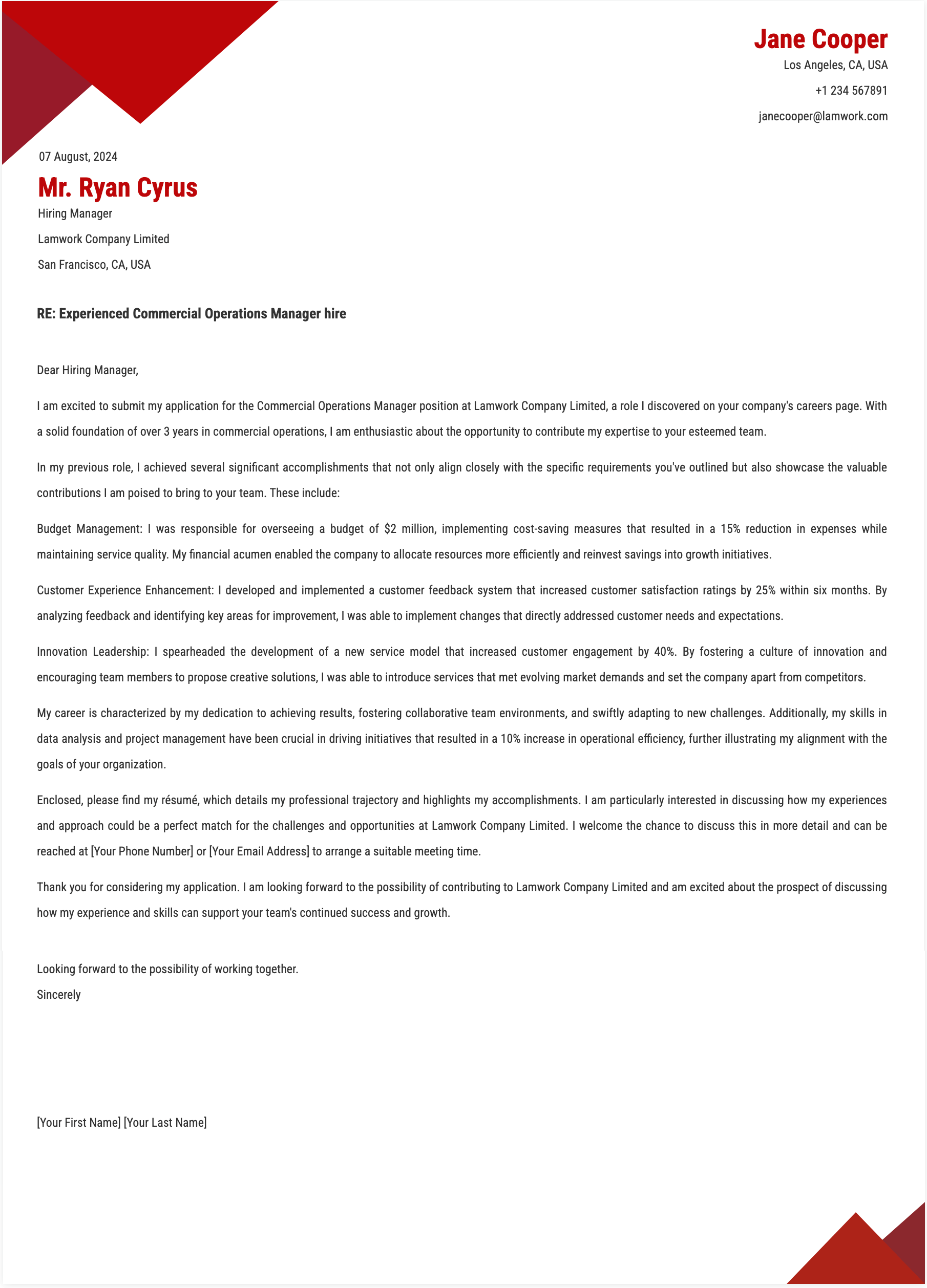 Commercial Operations Manager Cover Letter Template