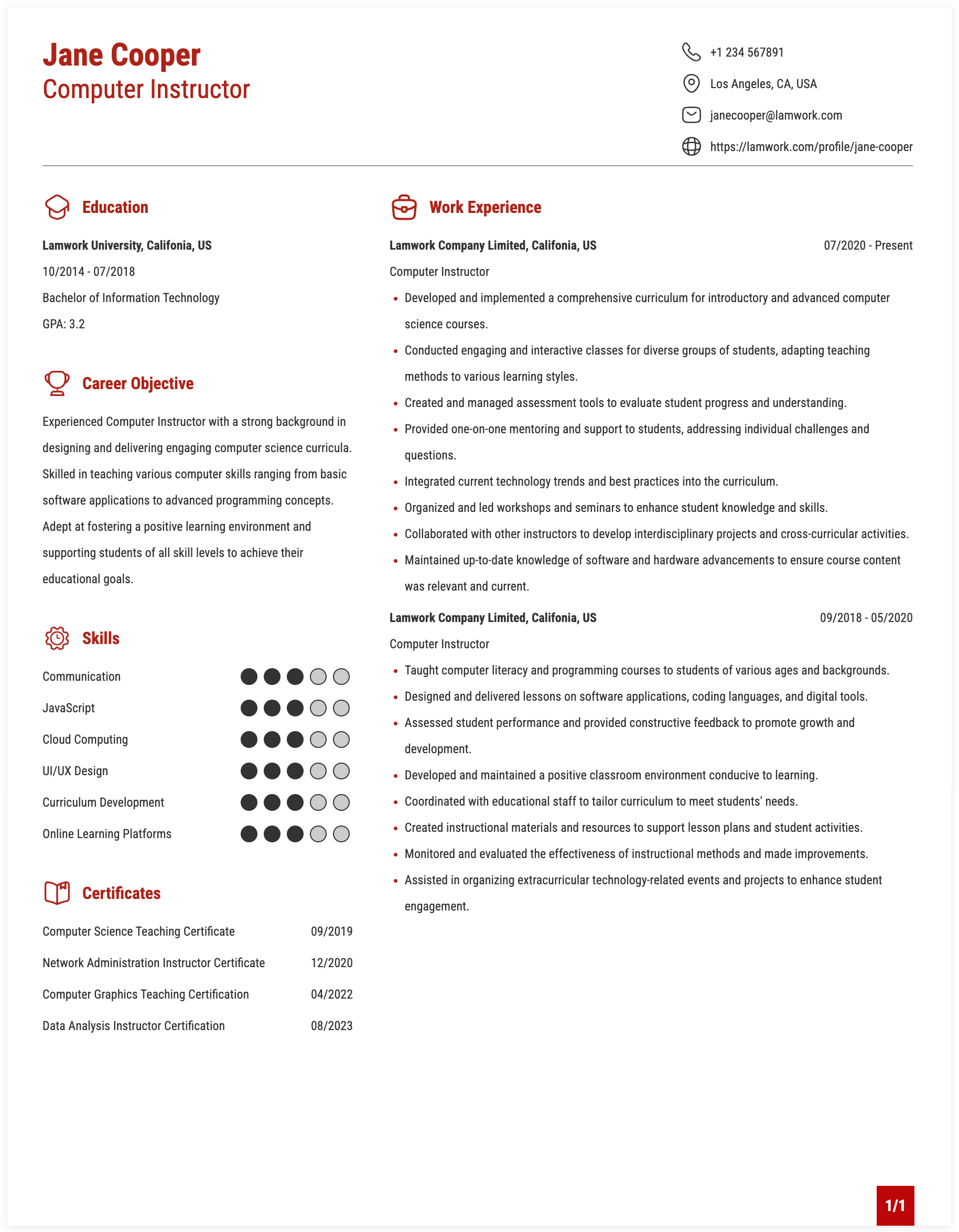 Computer Instructor Resume Example