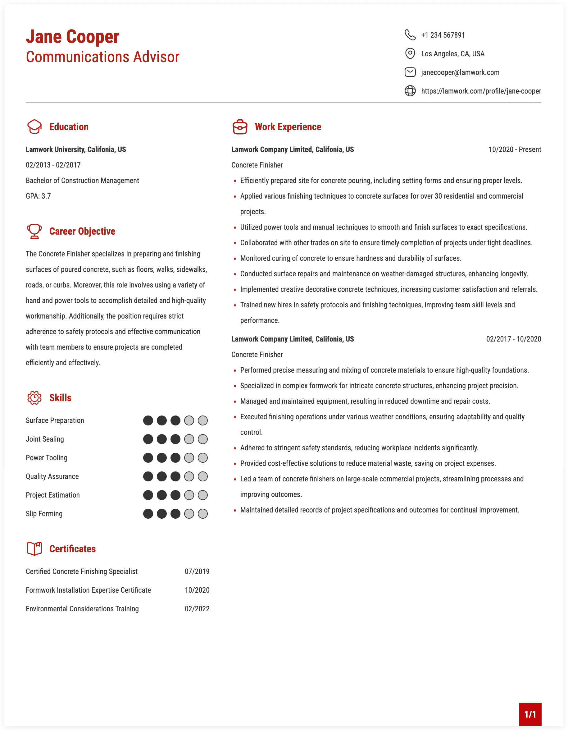 Concrete Finisher Resume Example