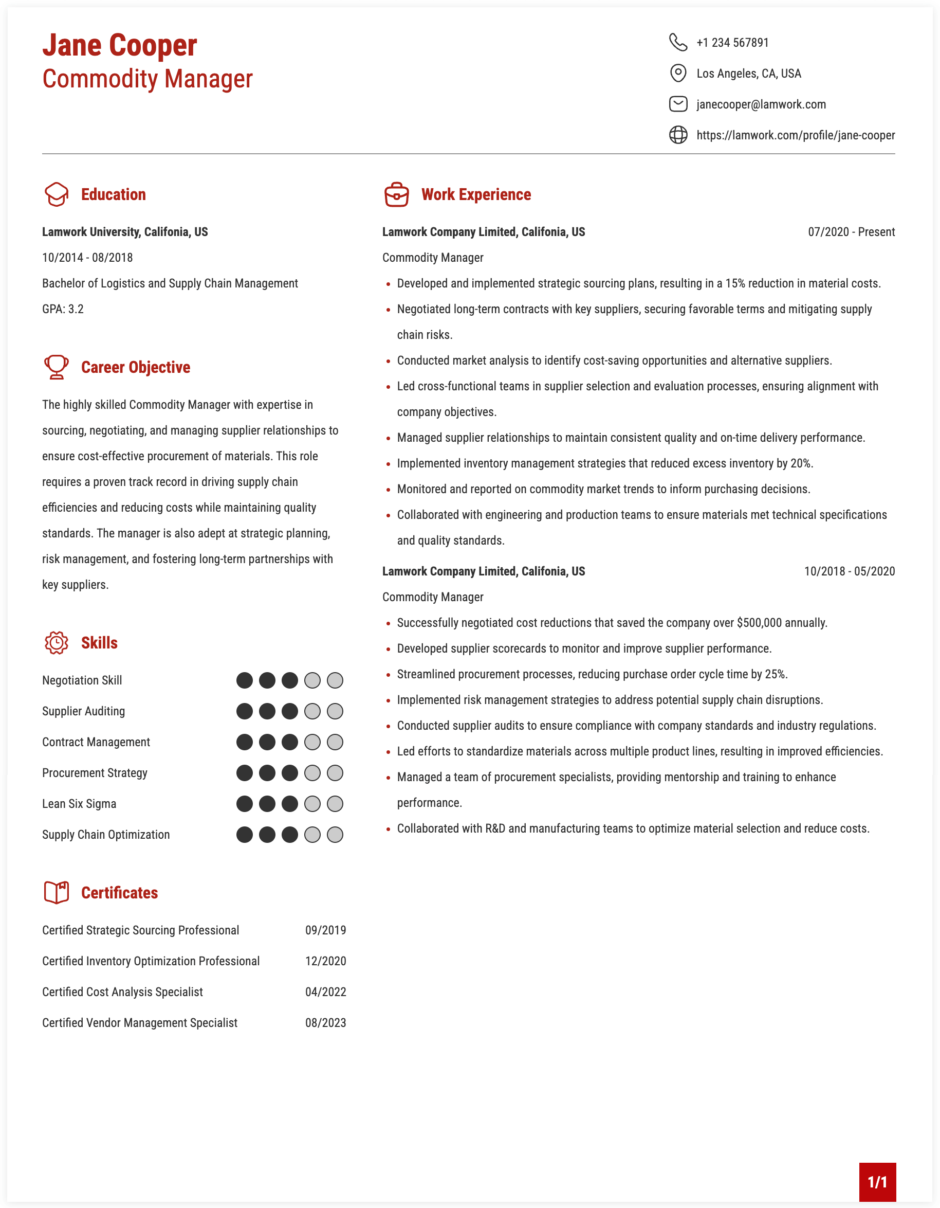 Commodity Manager Resume Example