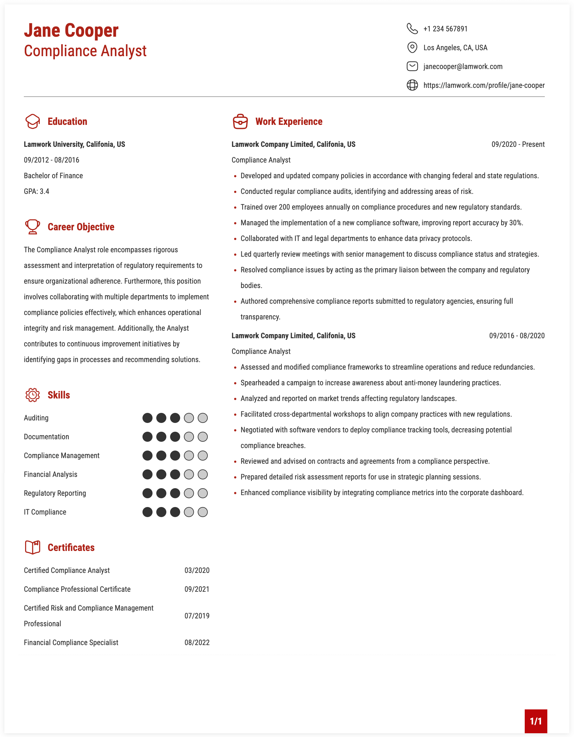 Compliance Analyst Resume Example