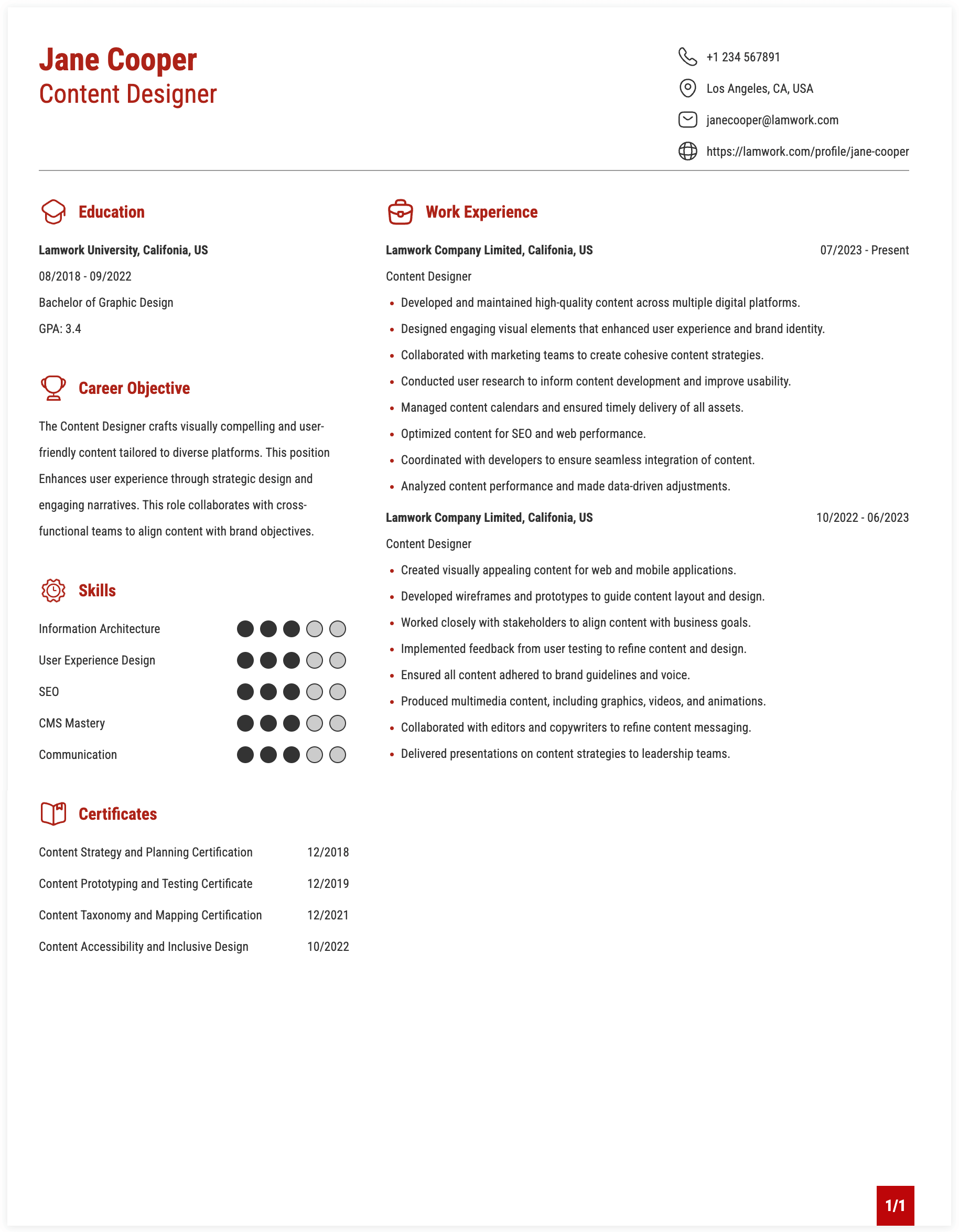 Content Designer Resume Example