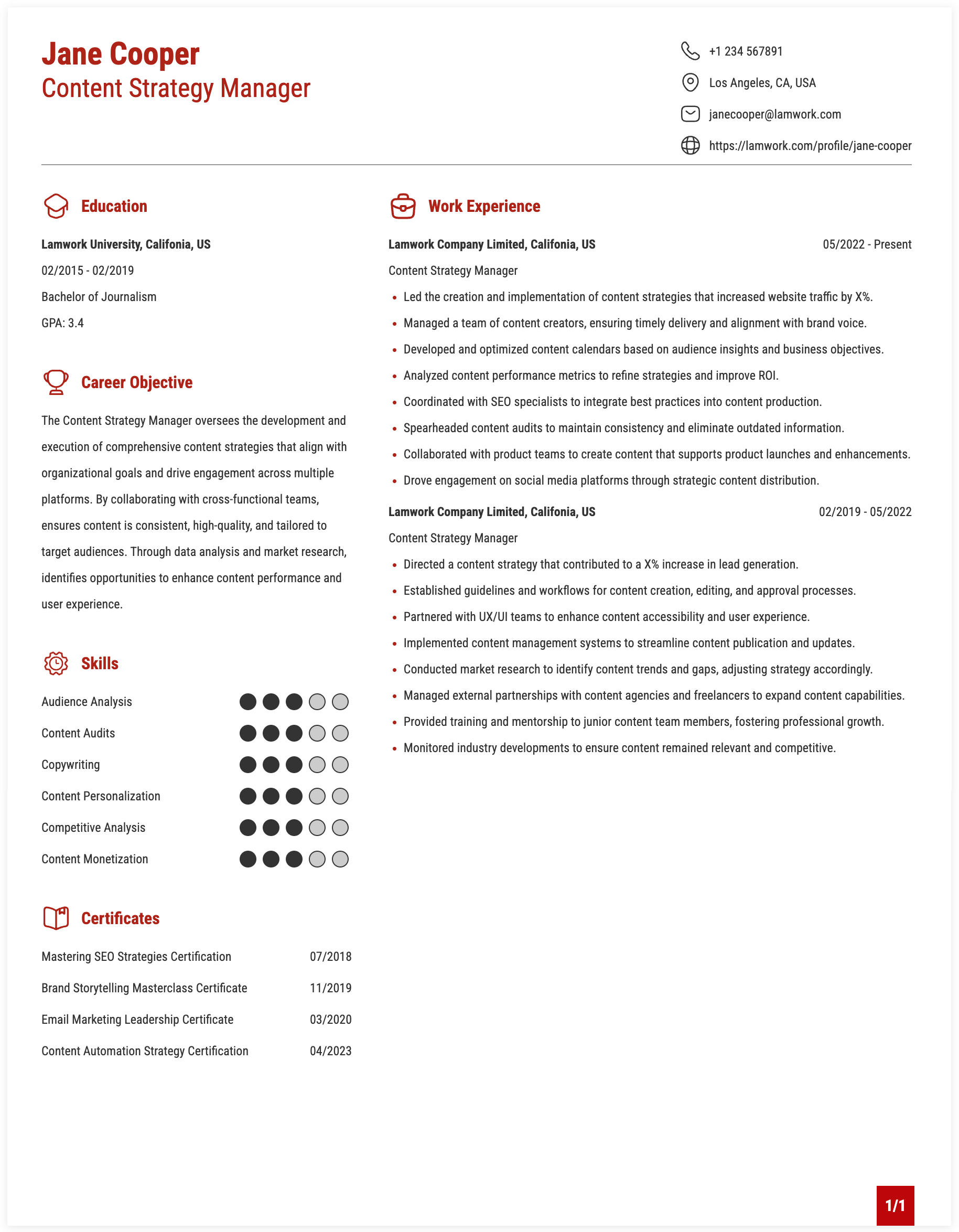 Content Strategy Manager Resume Example