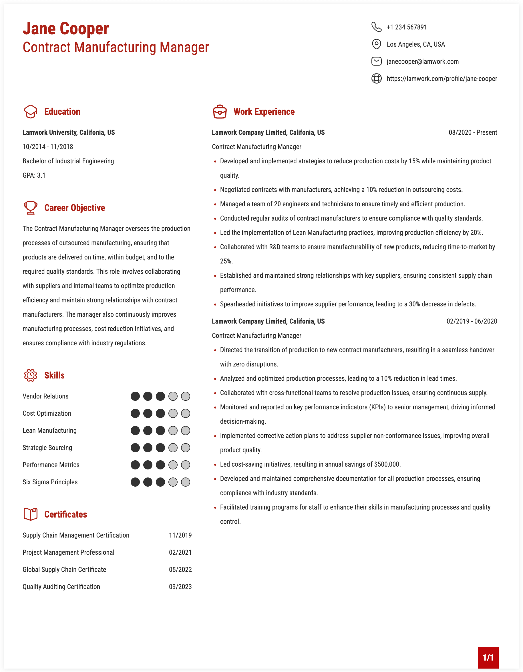 Contract Manufacturing Manager Resume Example