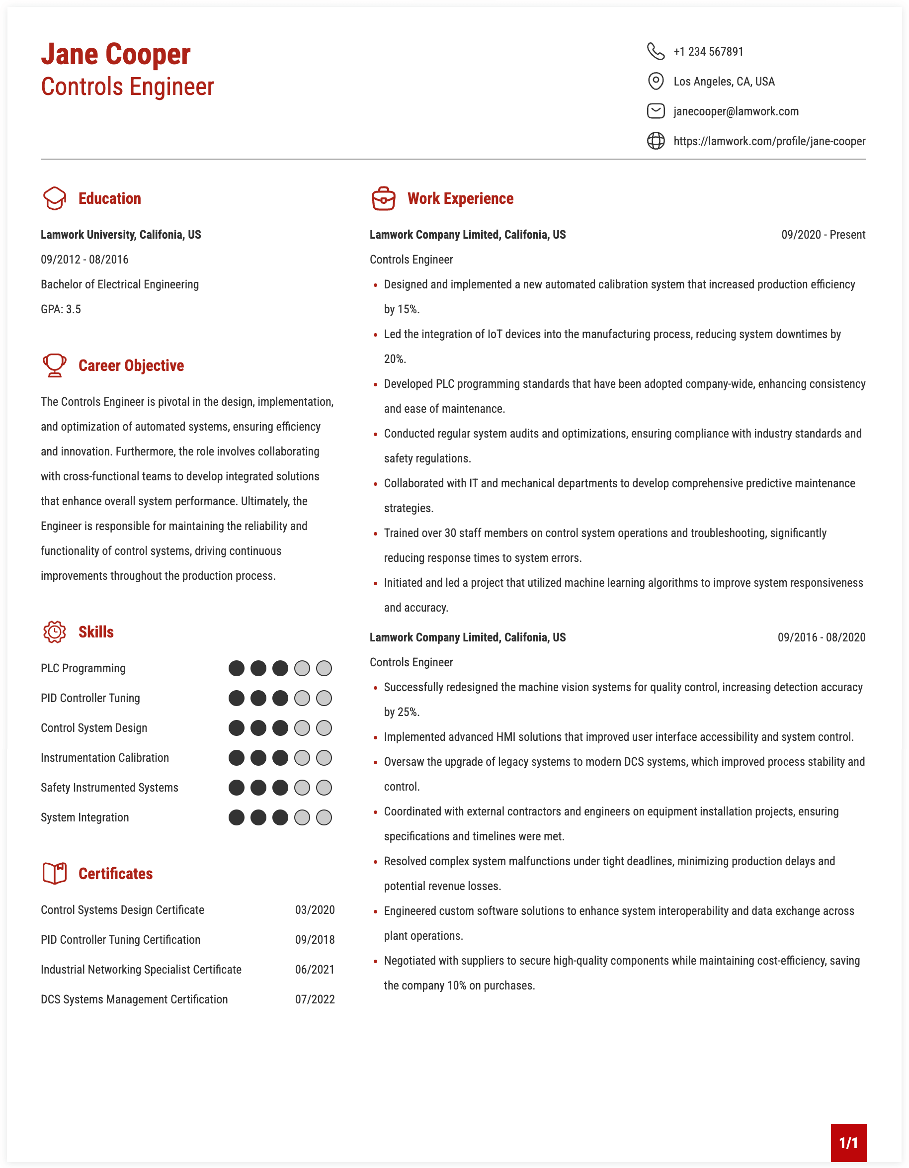 Controls Engineer Resume Sample