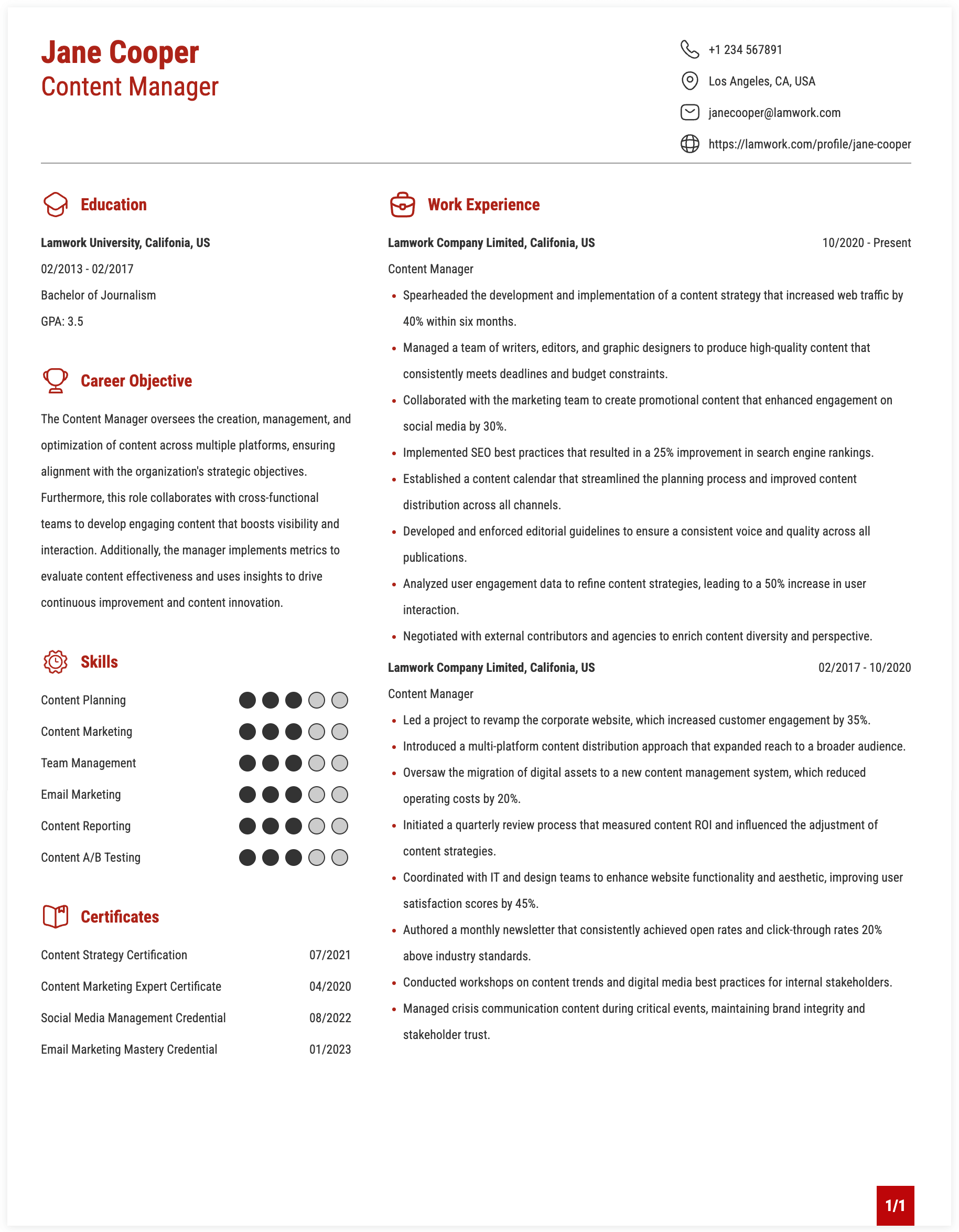 Content Manager Resume Example