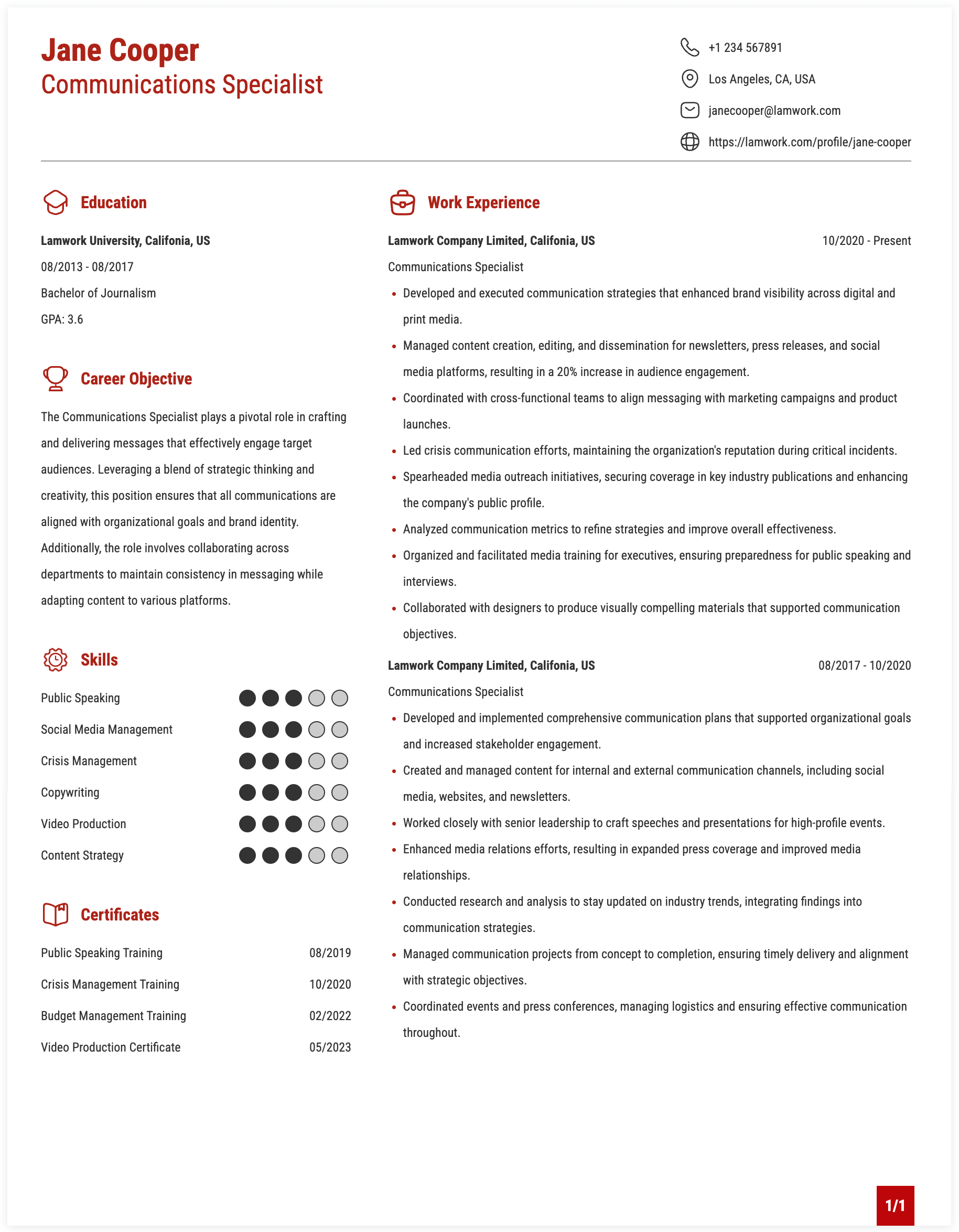 Communications Specialist Resume Example