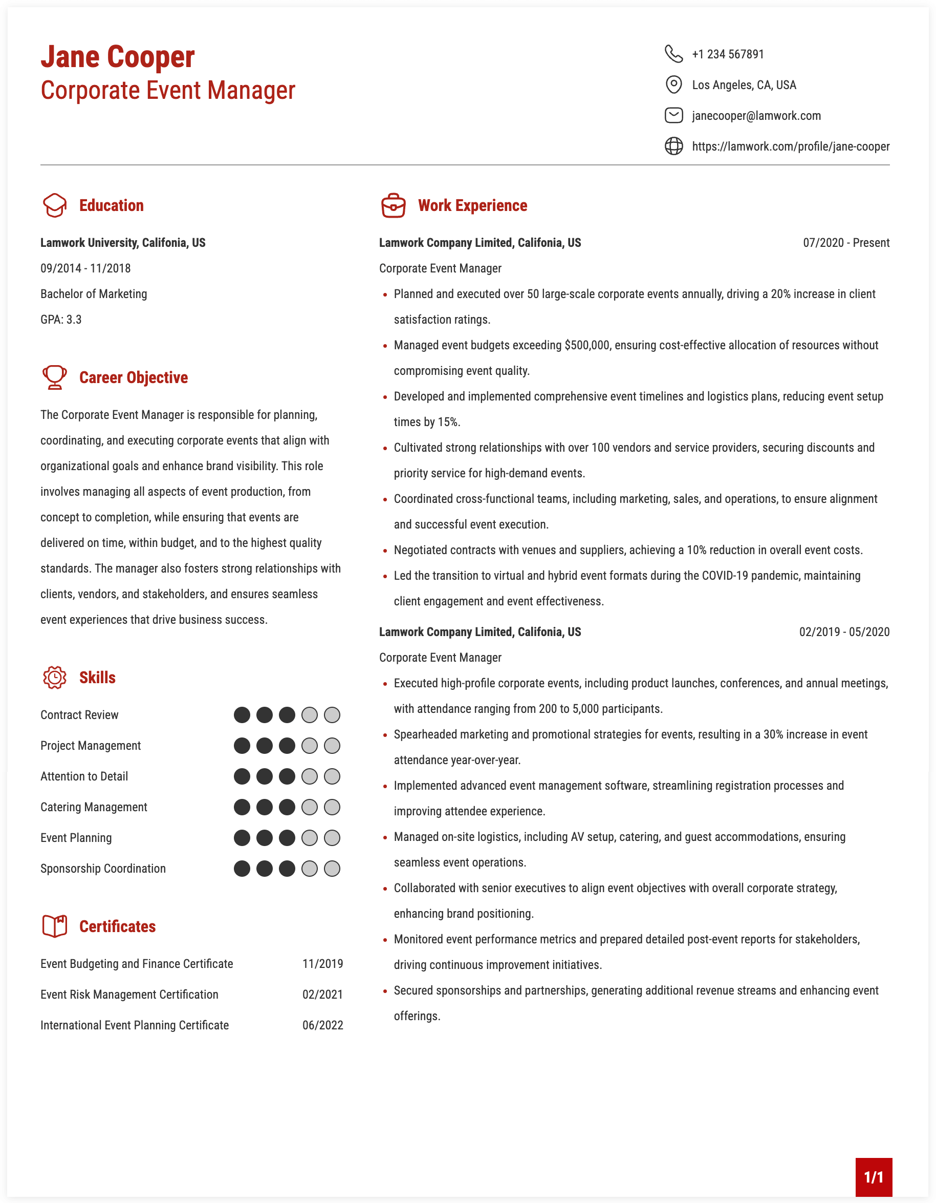 Corporate Event Manager Resume Example