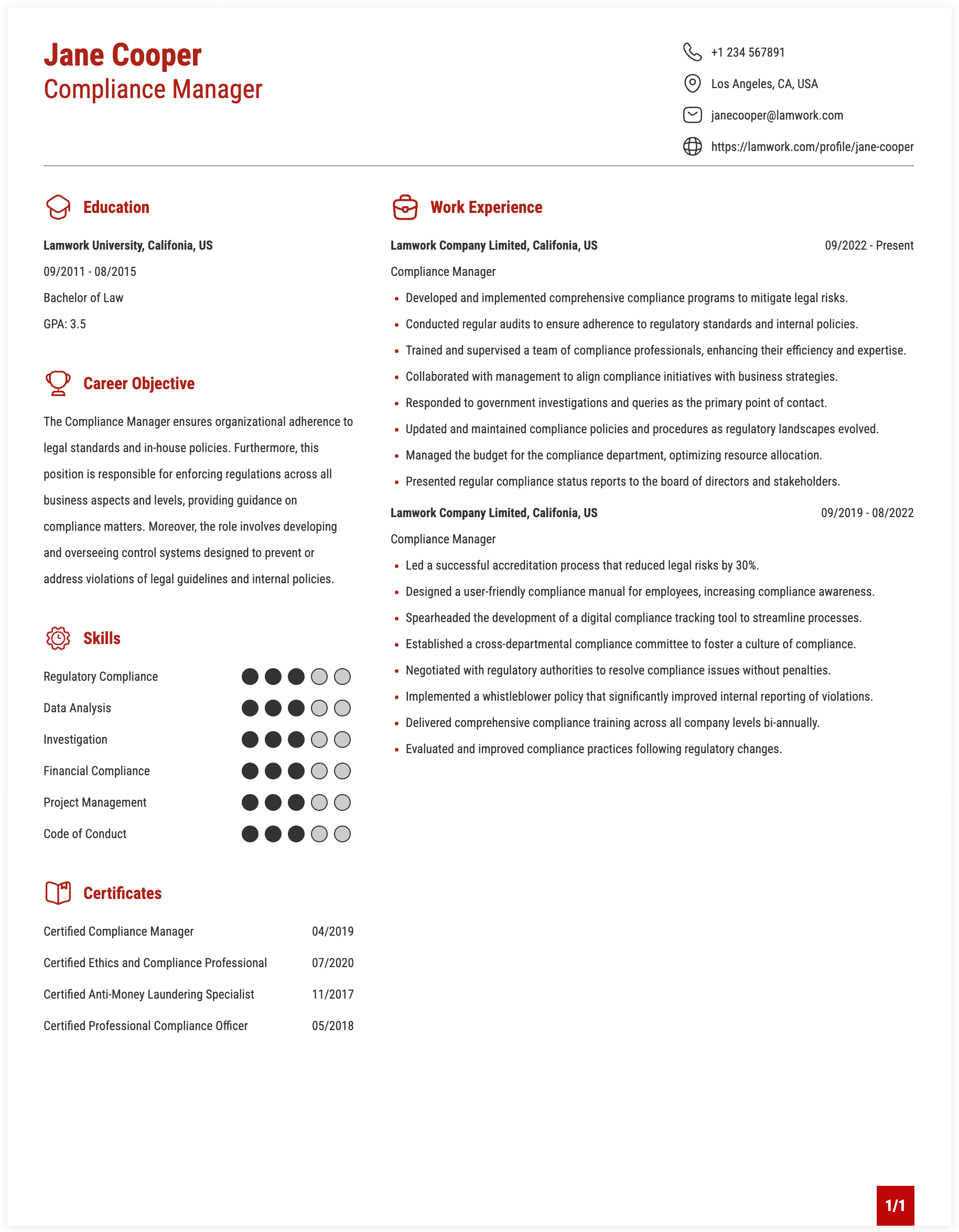 Compliance Manager Resume Example