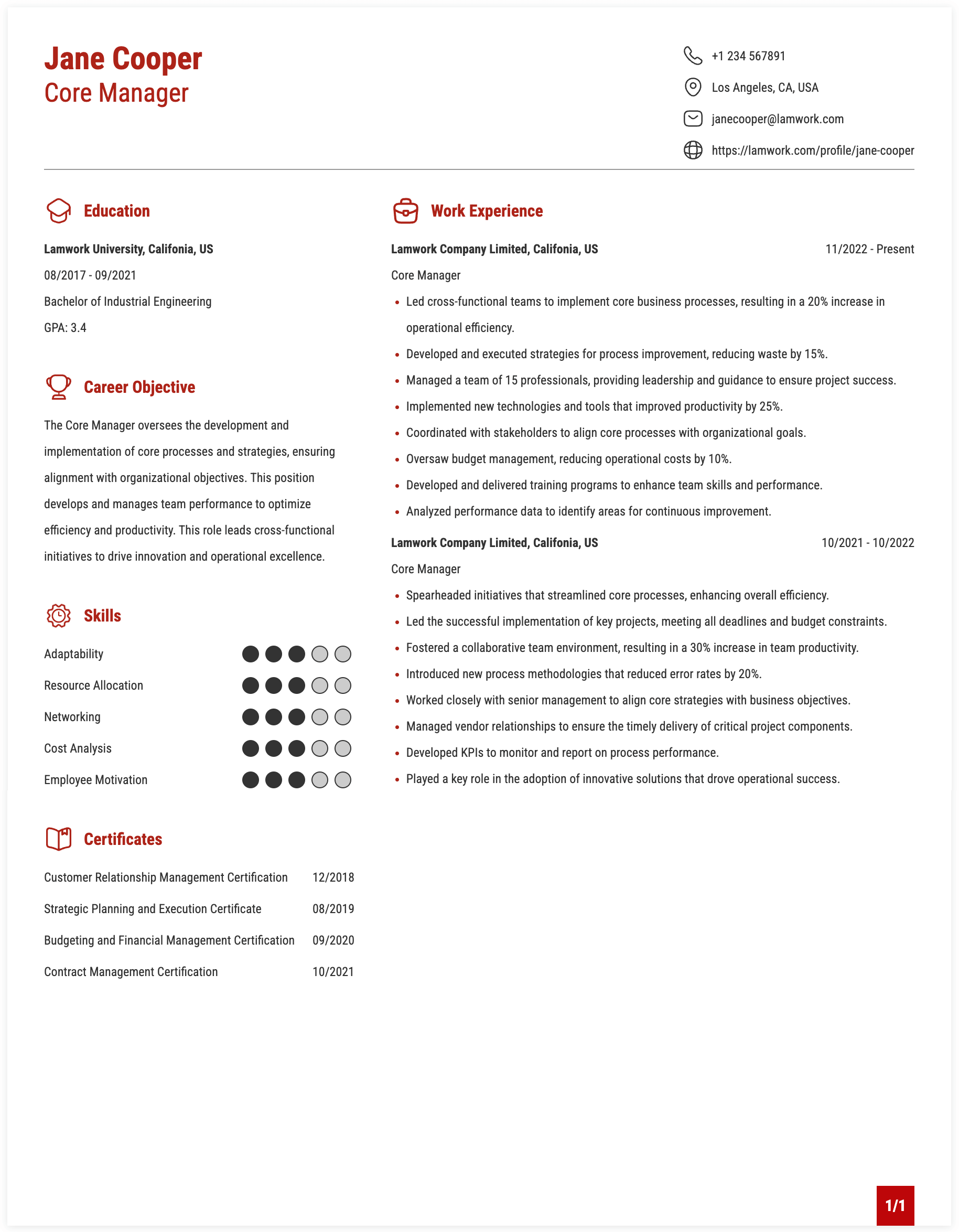 Core Manager Resume Example
