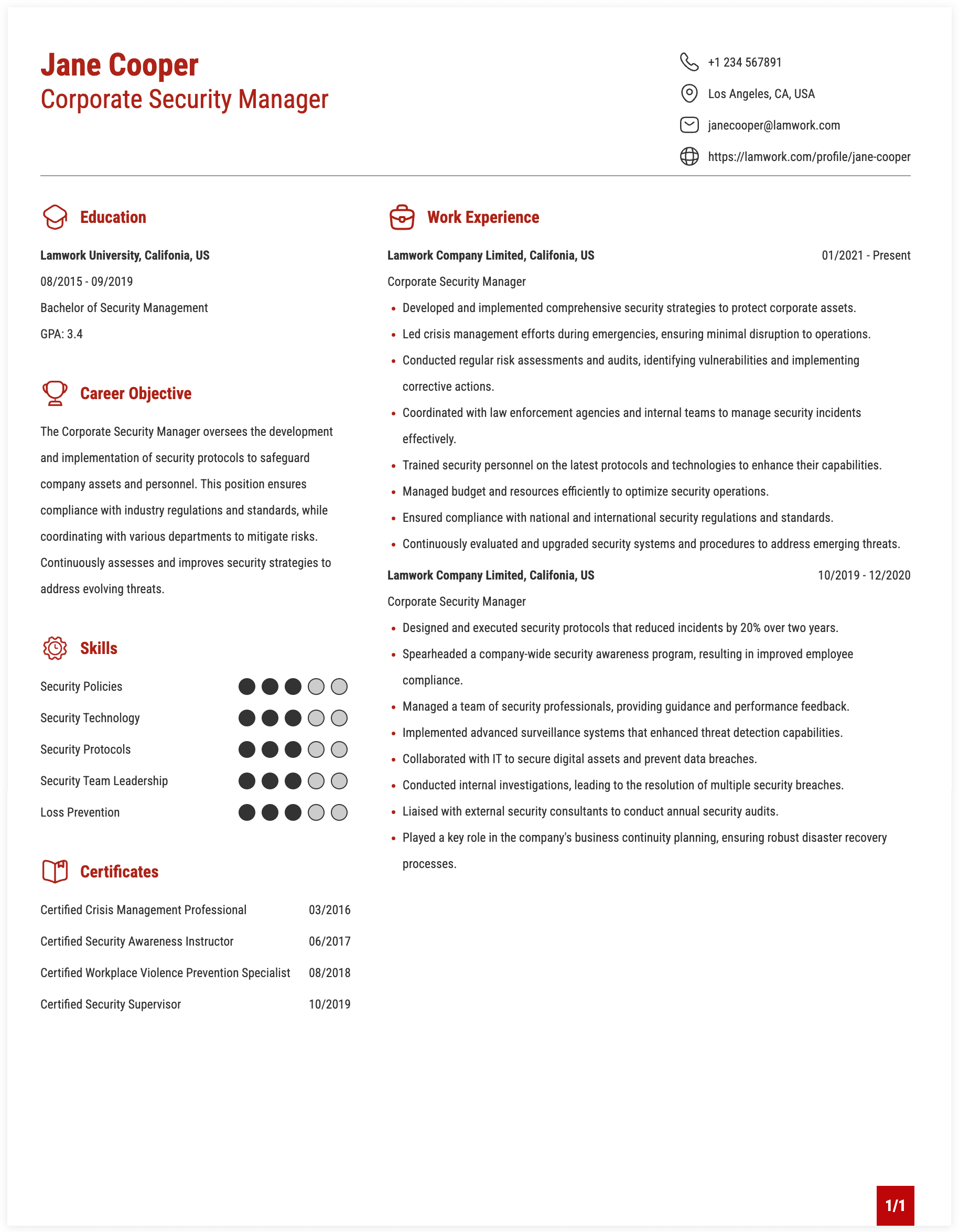Corporate Security Manager Resume Example