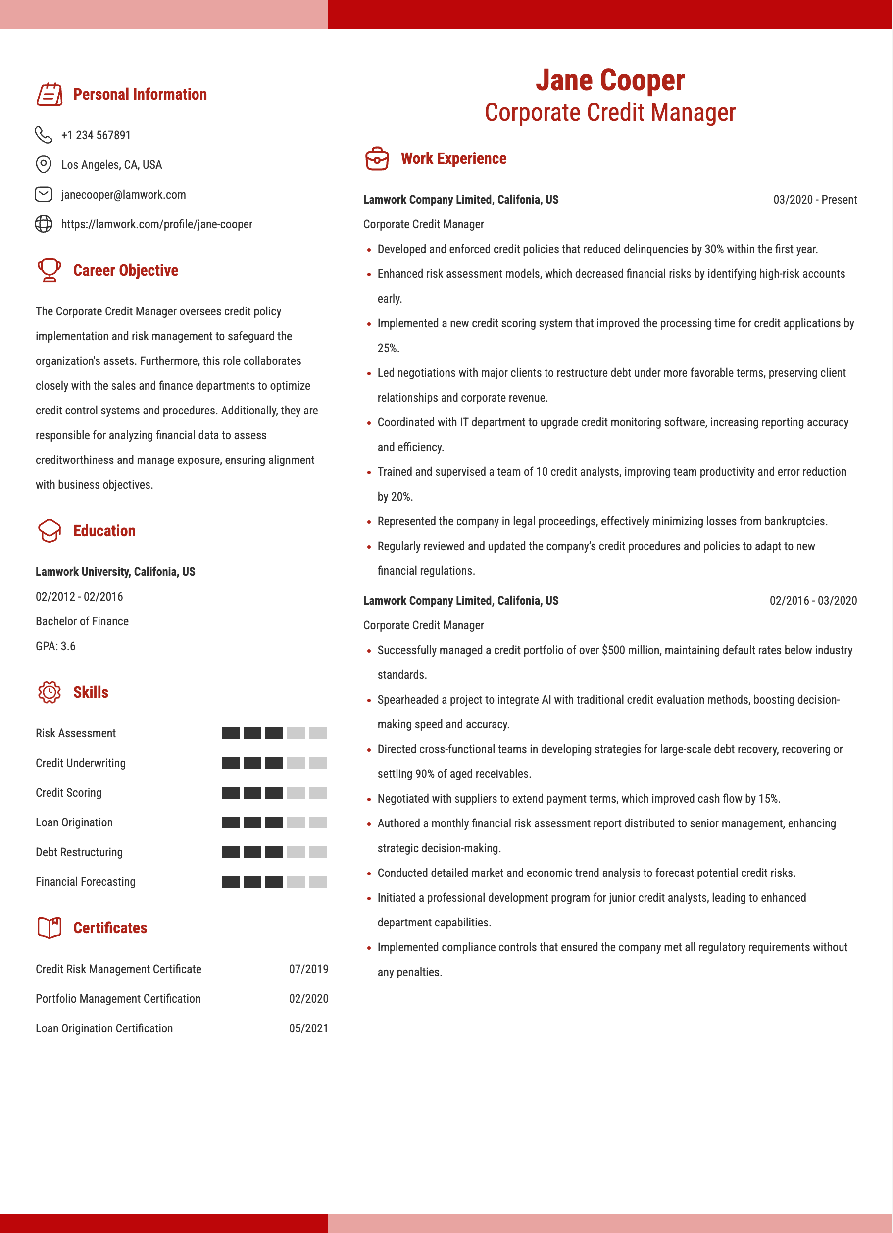 Corporate Credit Manager Resume Example