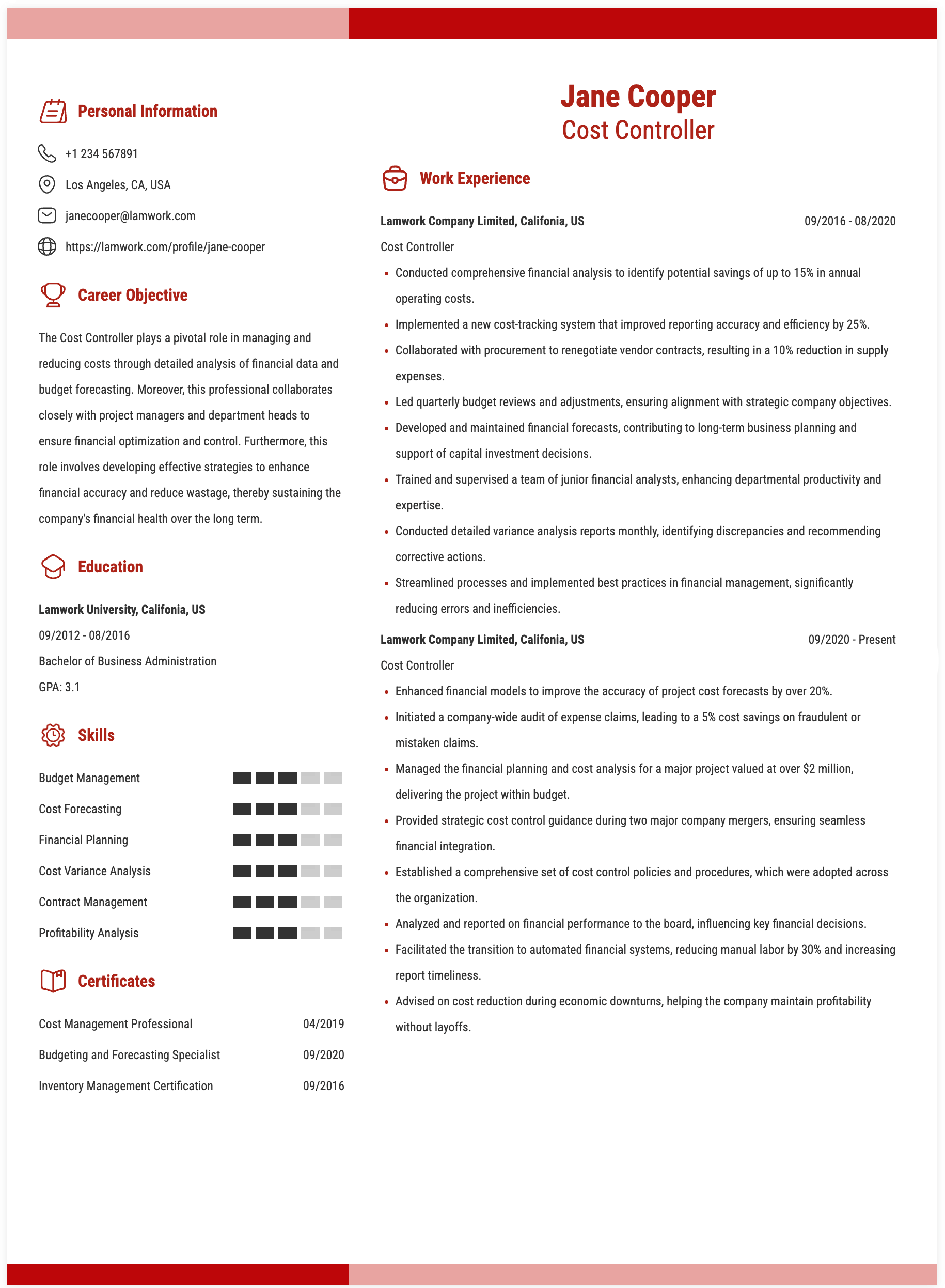 Cost Controller Resume Example