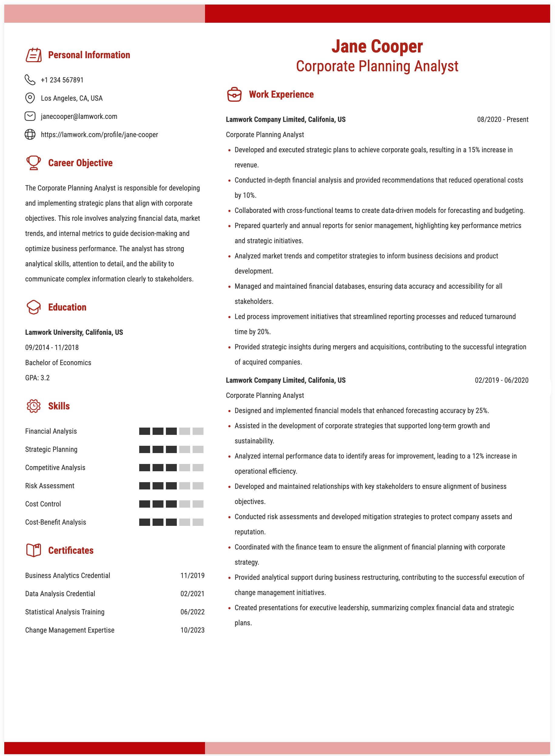 Corporate Planning Analyst Resume Example