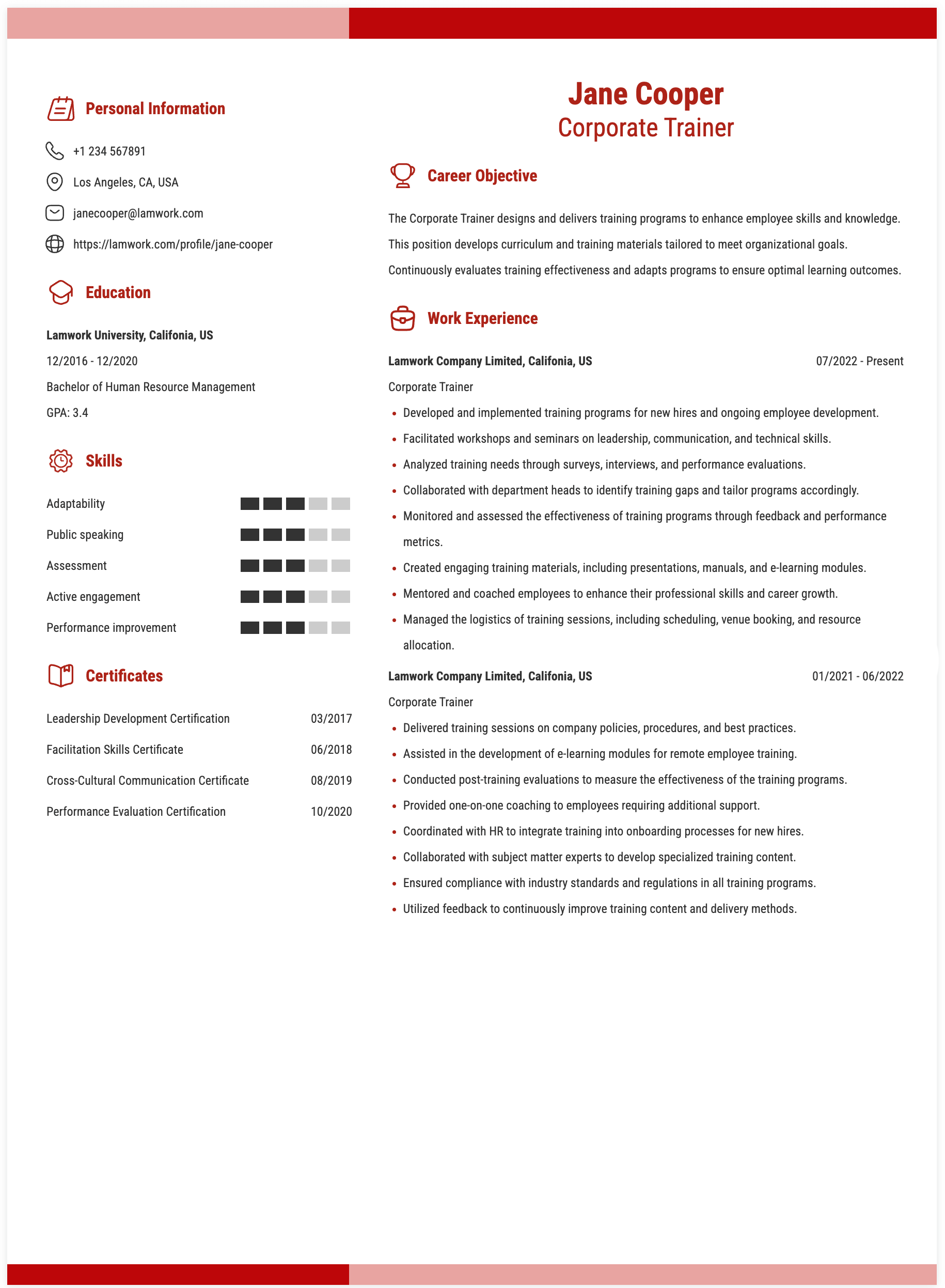 Corporate Trainer Resume Example