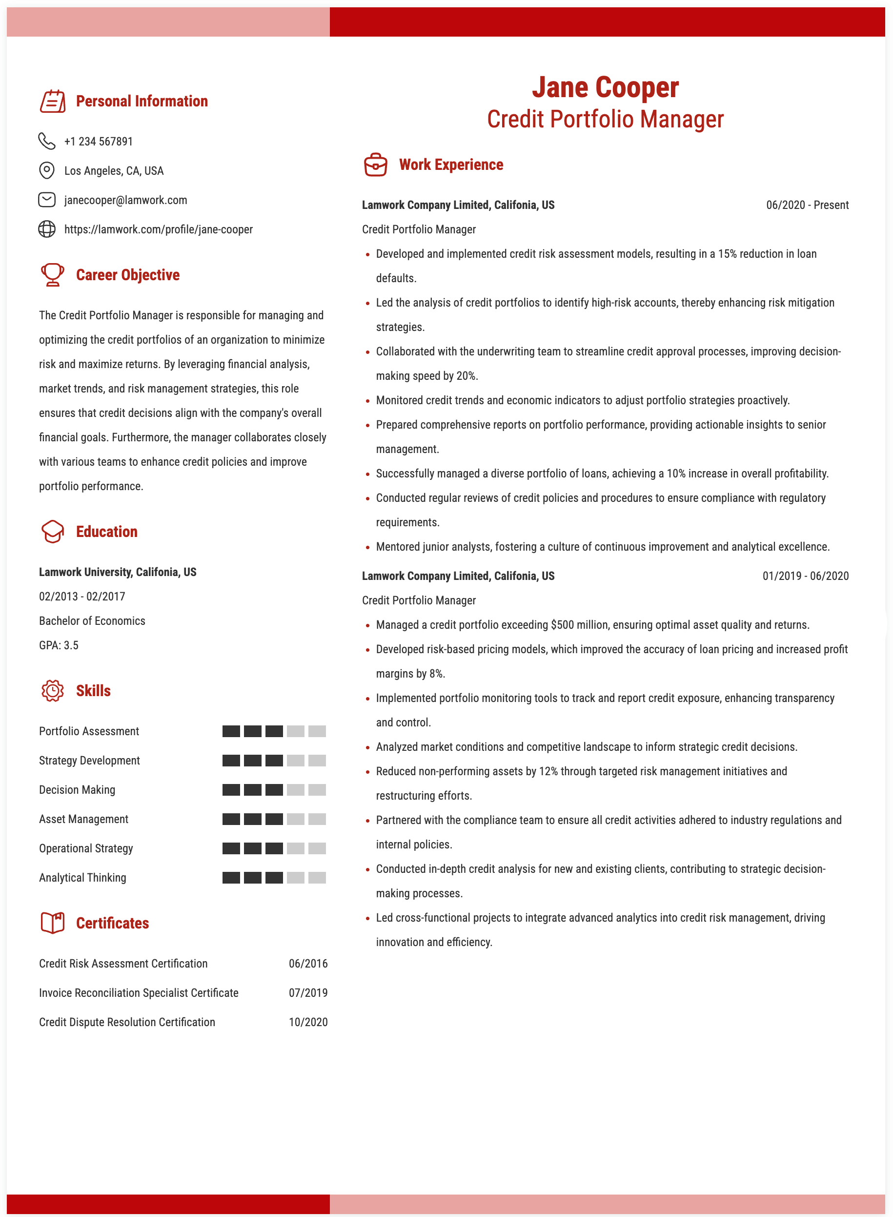 Credit Portfolio Manager Resume Example