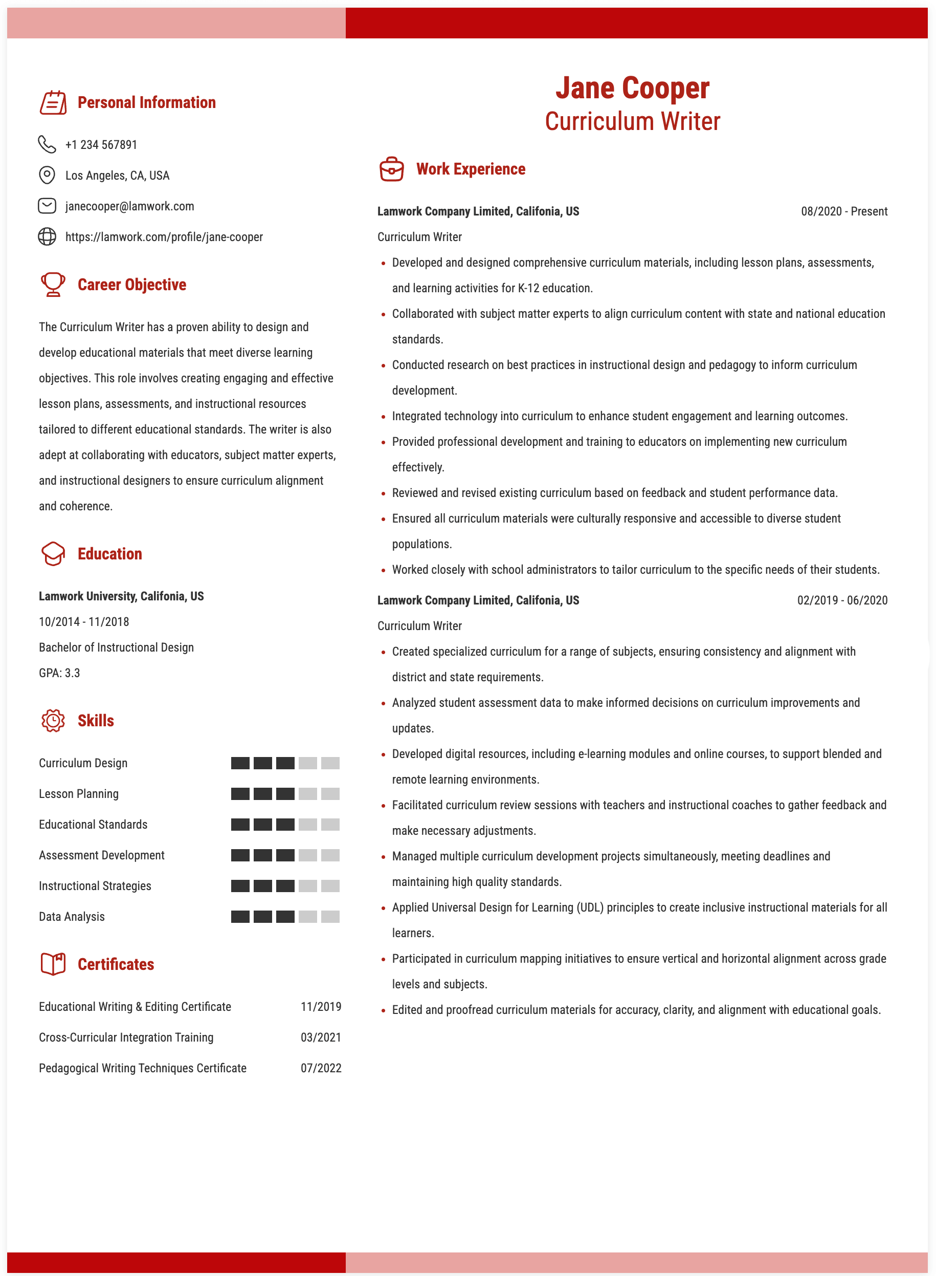 Curriculum Writer Resume Example