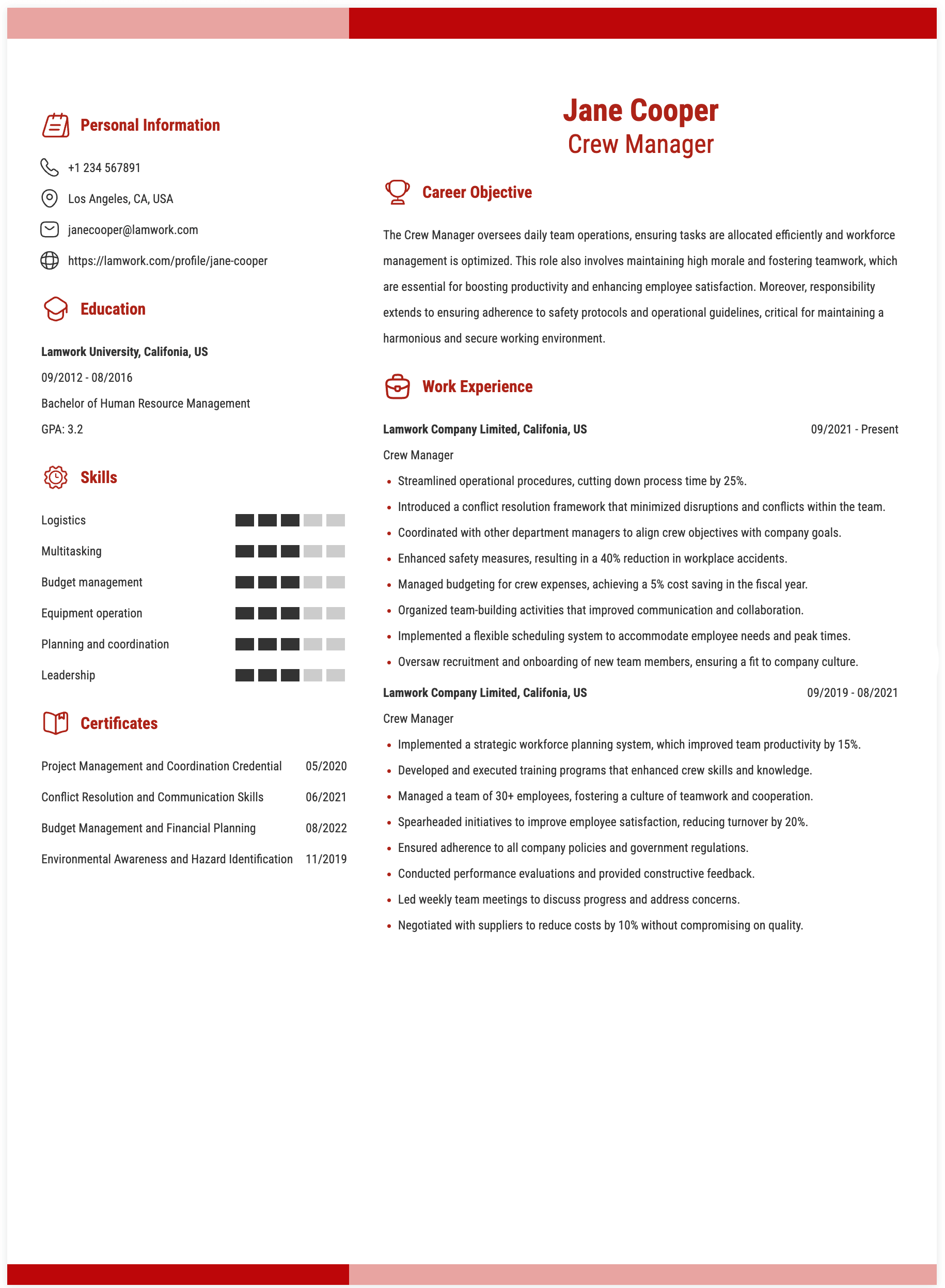 Crew Manager Resume Example