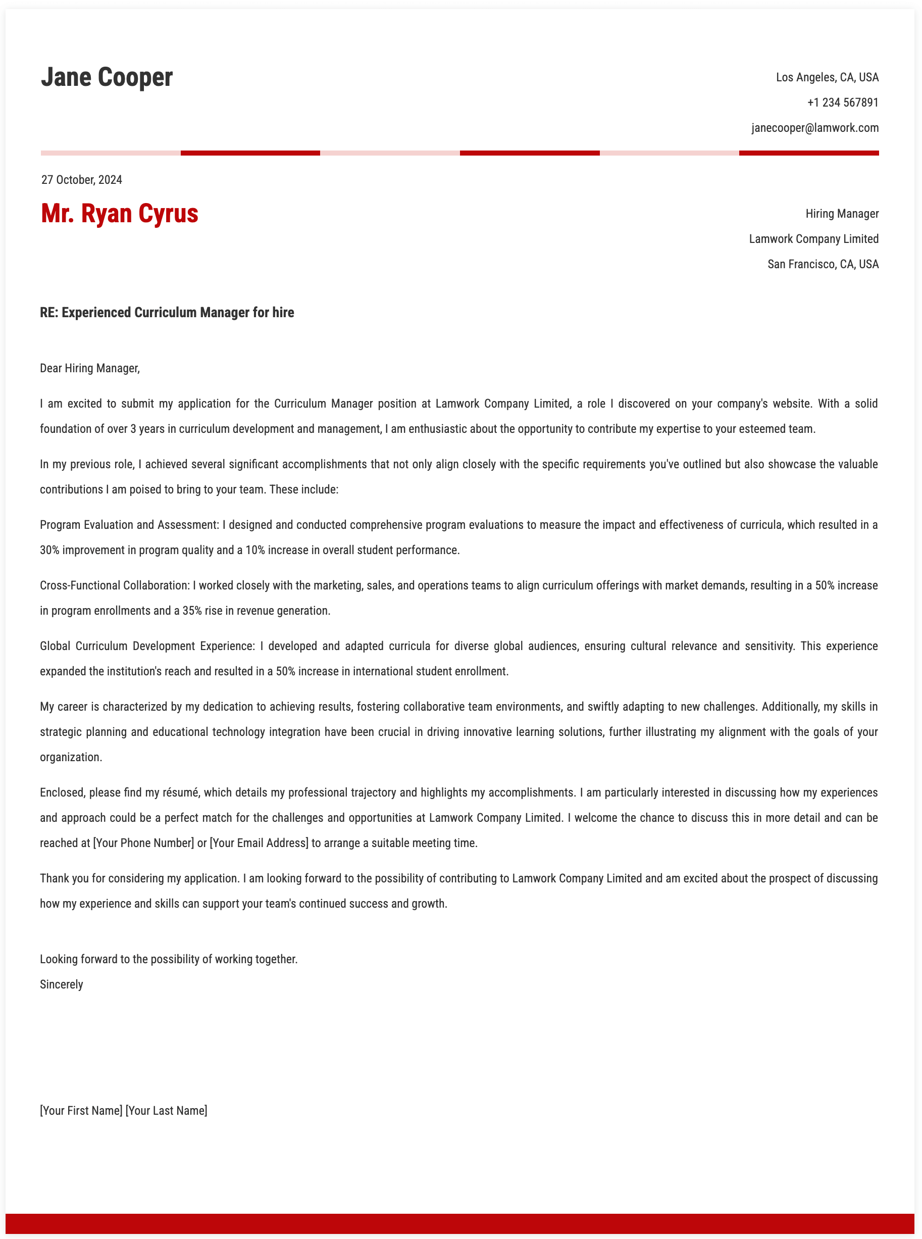 Curriculum Manager Cover Letter Template