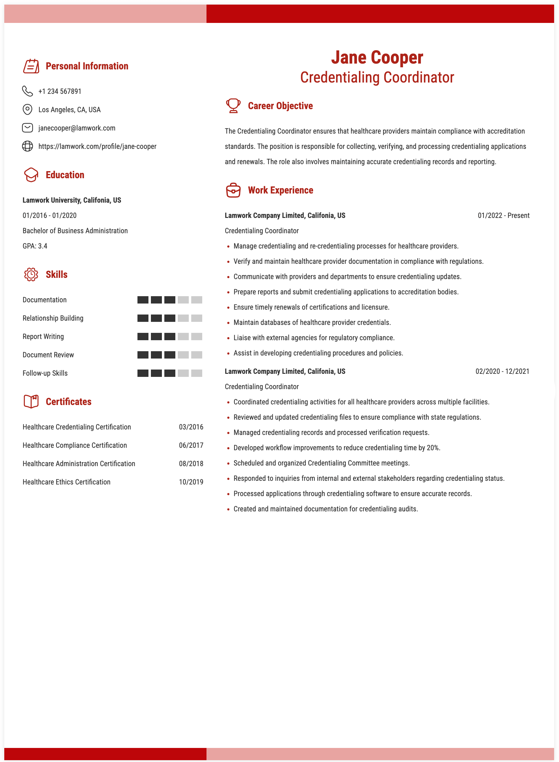 Credentialing Coordinator Resume Example