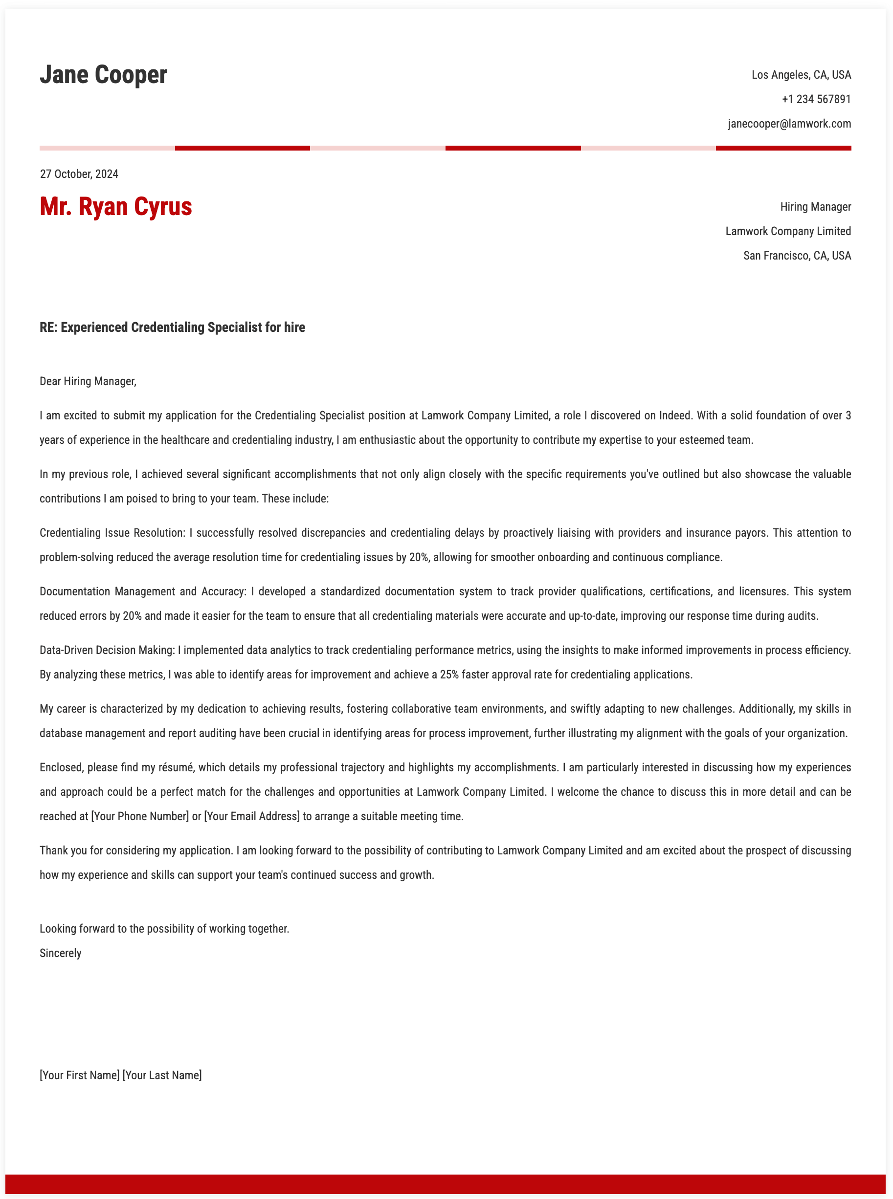 Credentialing Specialist Cover Letter Template